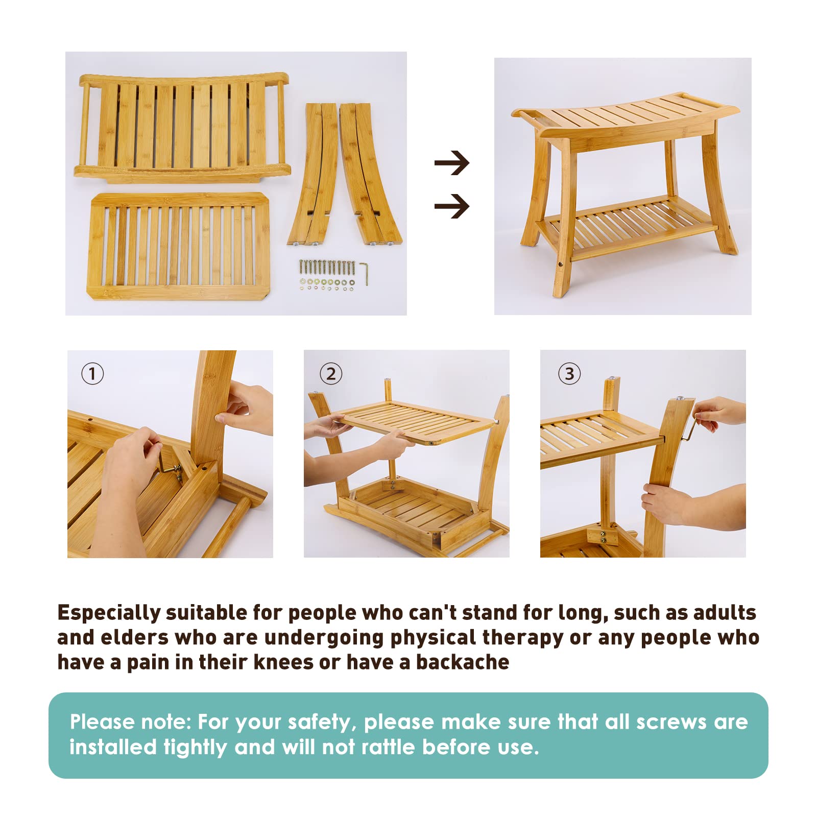 VVW Bamboo Shower Bench & Stool with Storage Shelf, Bath Benches for Inside Shower, Bathroom Stools 2-Tier Spa Seat for Adults Elderly (Beige)