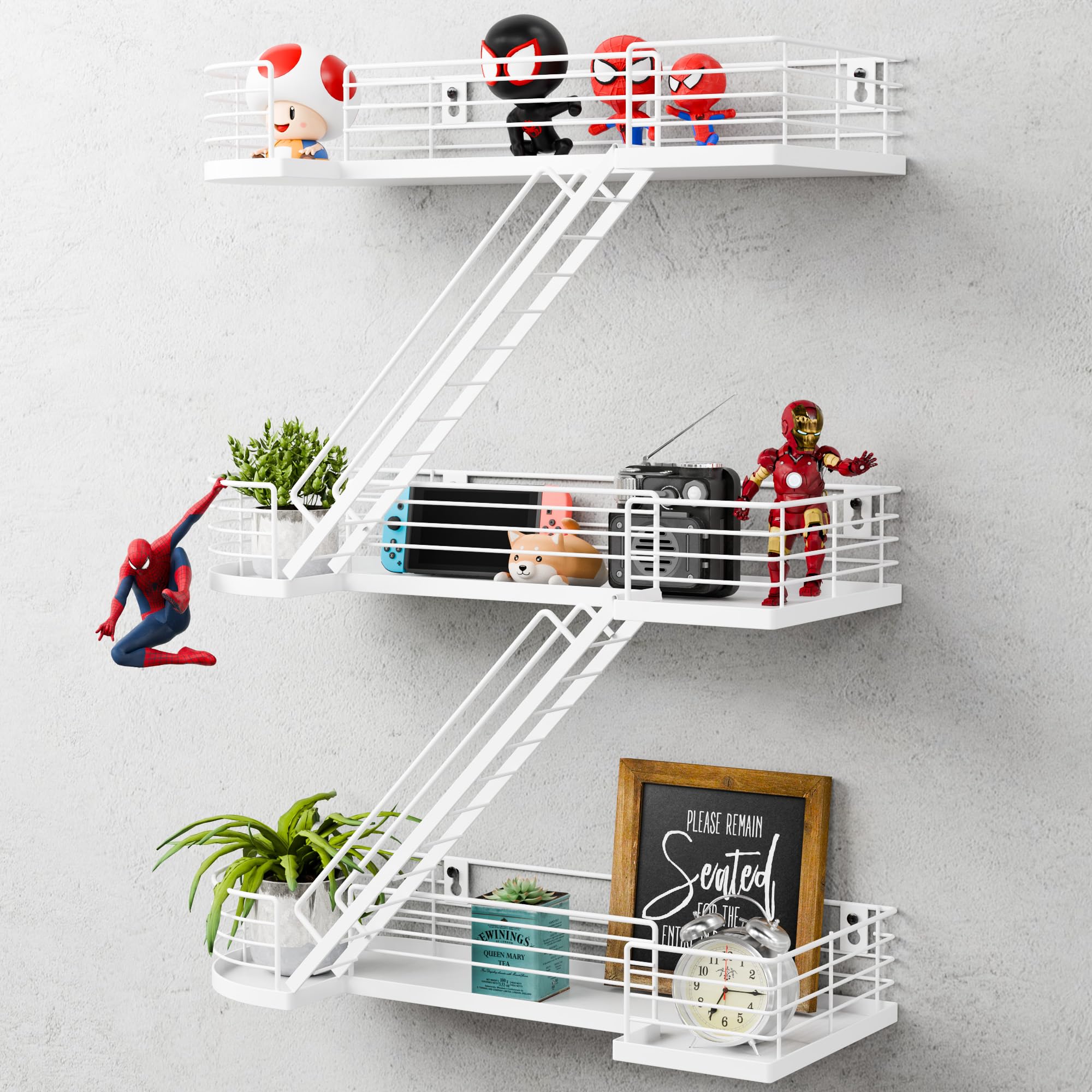 YEMNMFH 15 Inch Fire Escape Wall Shelf - White Metal Decorative Shelves, Eye-Catching Figurine Display Shelf Wall Mounted, Unique Ladder Home Décor for Knick Knack, Action Figure, Bedroom, Bathroom