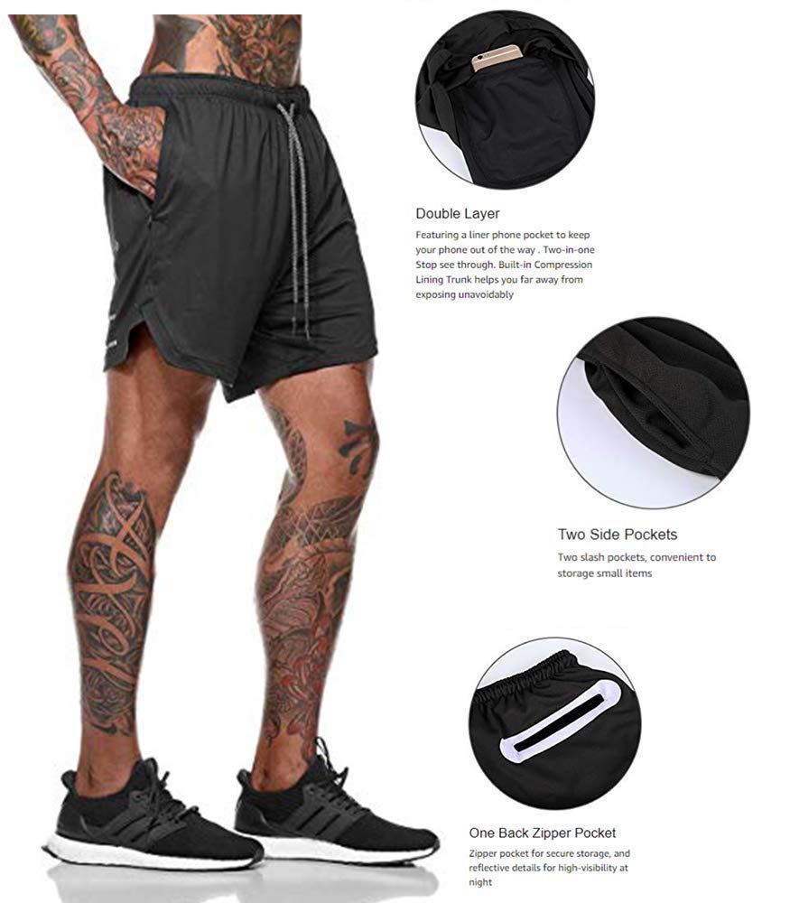 Malavita Men's Workout Running Shorts 2 in 1 with Zipper Pockets Black Large