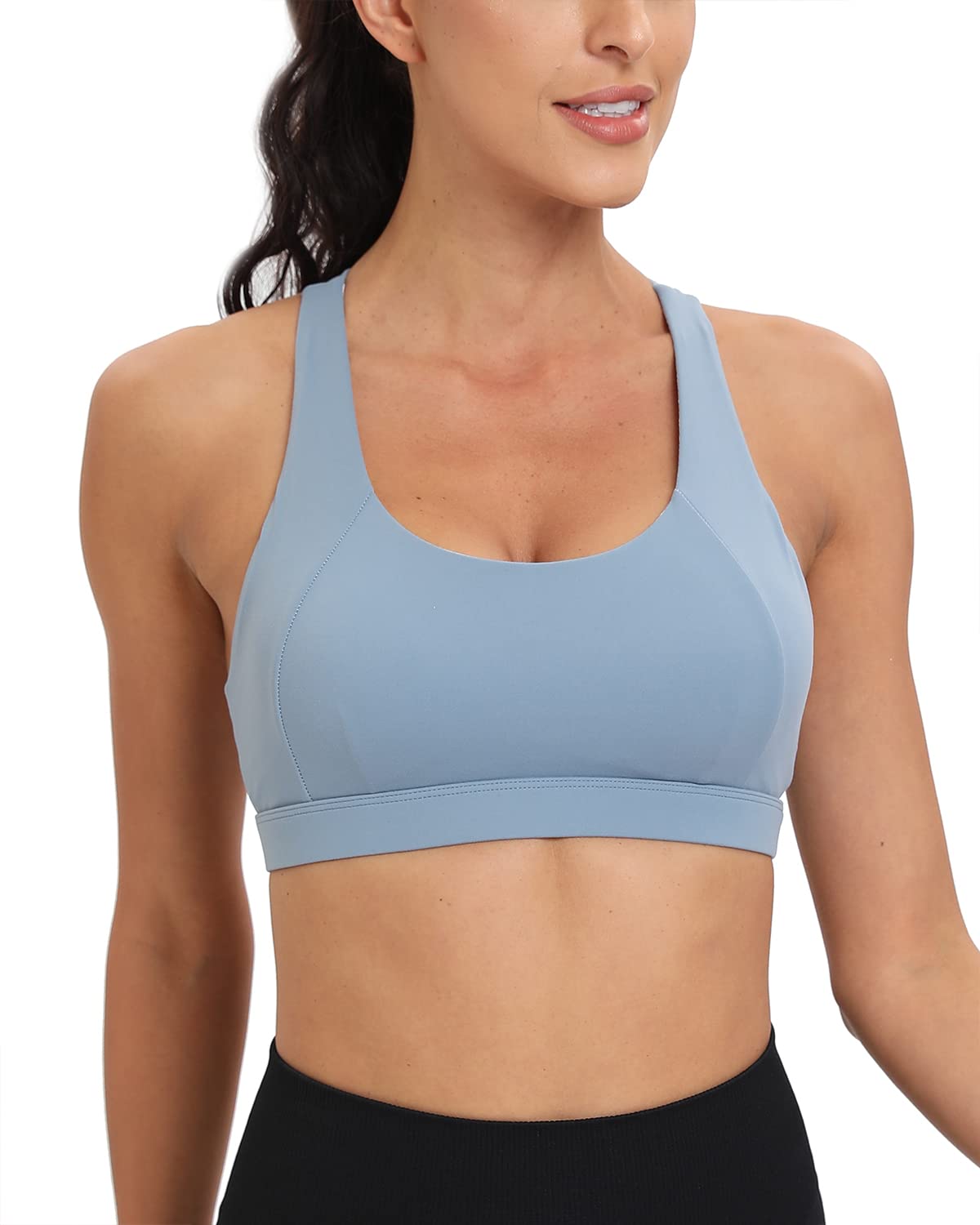 SONGSKY Sports Bra for Women, Y Back Racerback Medium Support Strappy Workout Yoga Bra with Removable Cups(W2823_Blue_M)