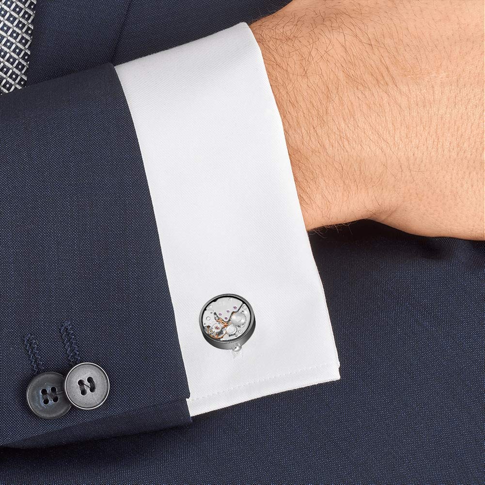 MERIT OCEAN Movement Cufflinks Steampunk Watch Mens Shirt Vintage Watch Cuff Links Business Wedding Gifts (Silver in The Middle)