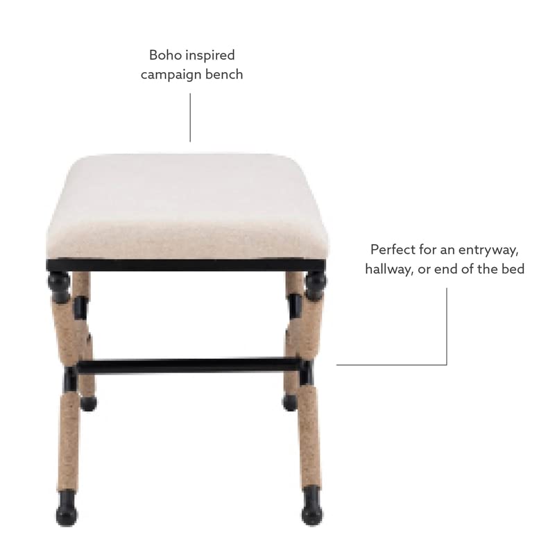 Linon Anna Campaign Accent Bench Black Metal Legs with Rope Detail in Cream