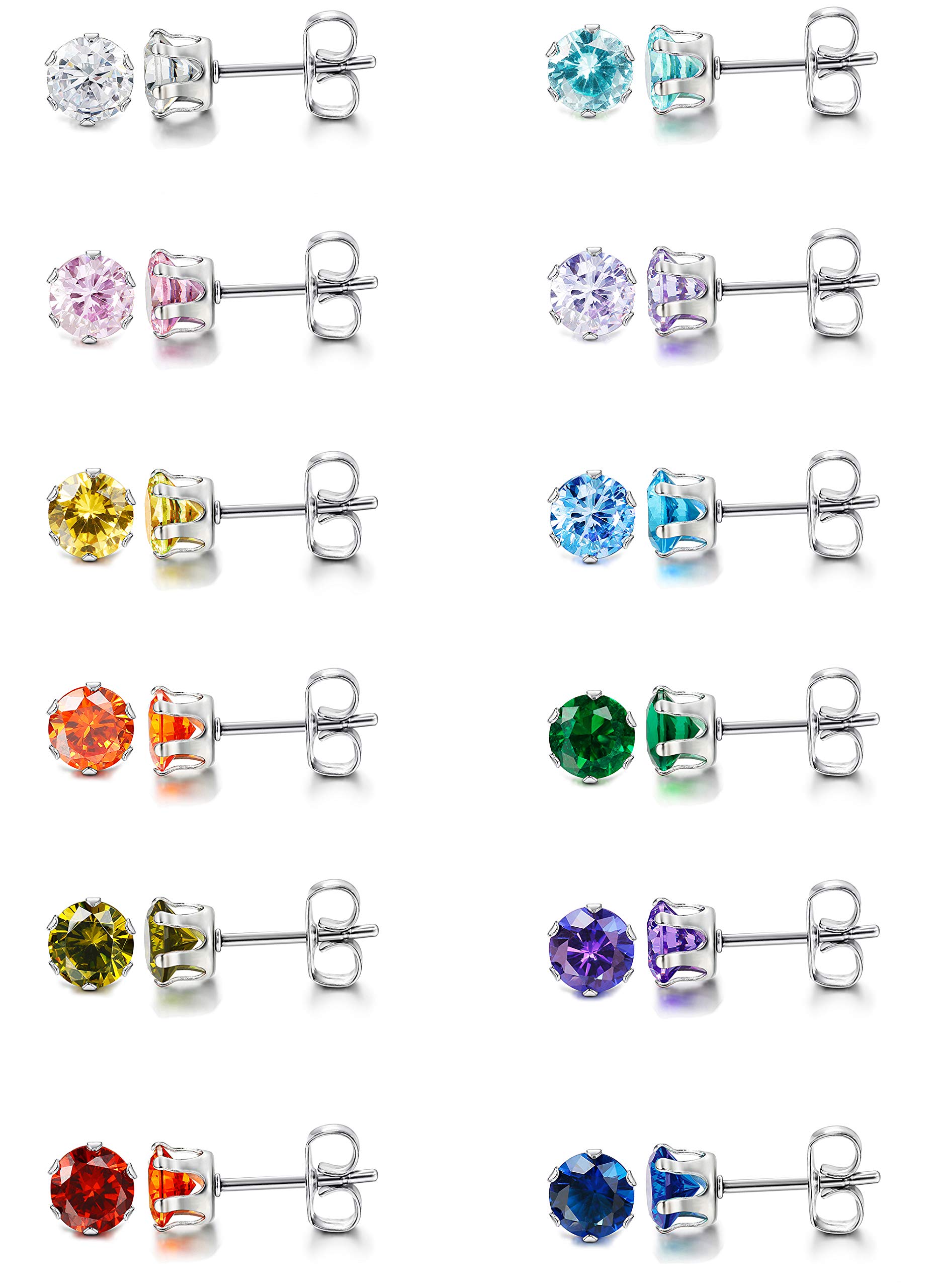 LOYALLOOK 12 Pairs Stainless Steel Brilliant Cut Round Cubic Zirconia Birthstone Stud Earrings for Women (C:3mm 12 pairs)