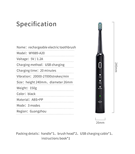Sonic Electric Toothbrush with 4 Brush Heads for Adults, 1.5 Hours Charging for 45 Days, 3 Modes, 2 Minutes Smart Timer, USB Fast Charge, Rechargeable Electric Toothbrushes (Black)