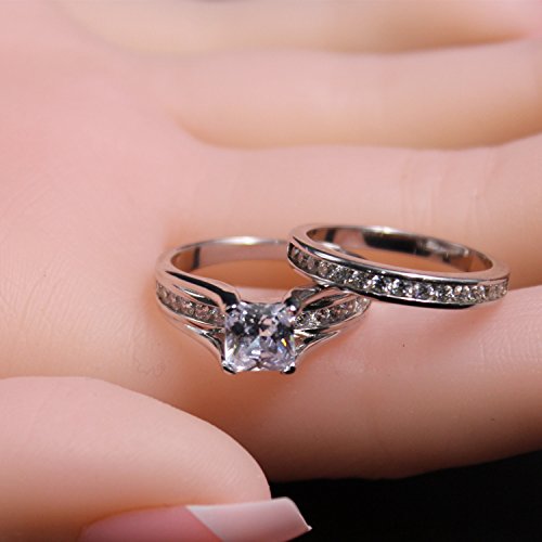 MABELLA Wedding Ring Sets Couples Rings Women's Size 10 Sterling Silver Princess Cubic Zirconia Men’s Size 12 Stainless Steel Bands