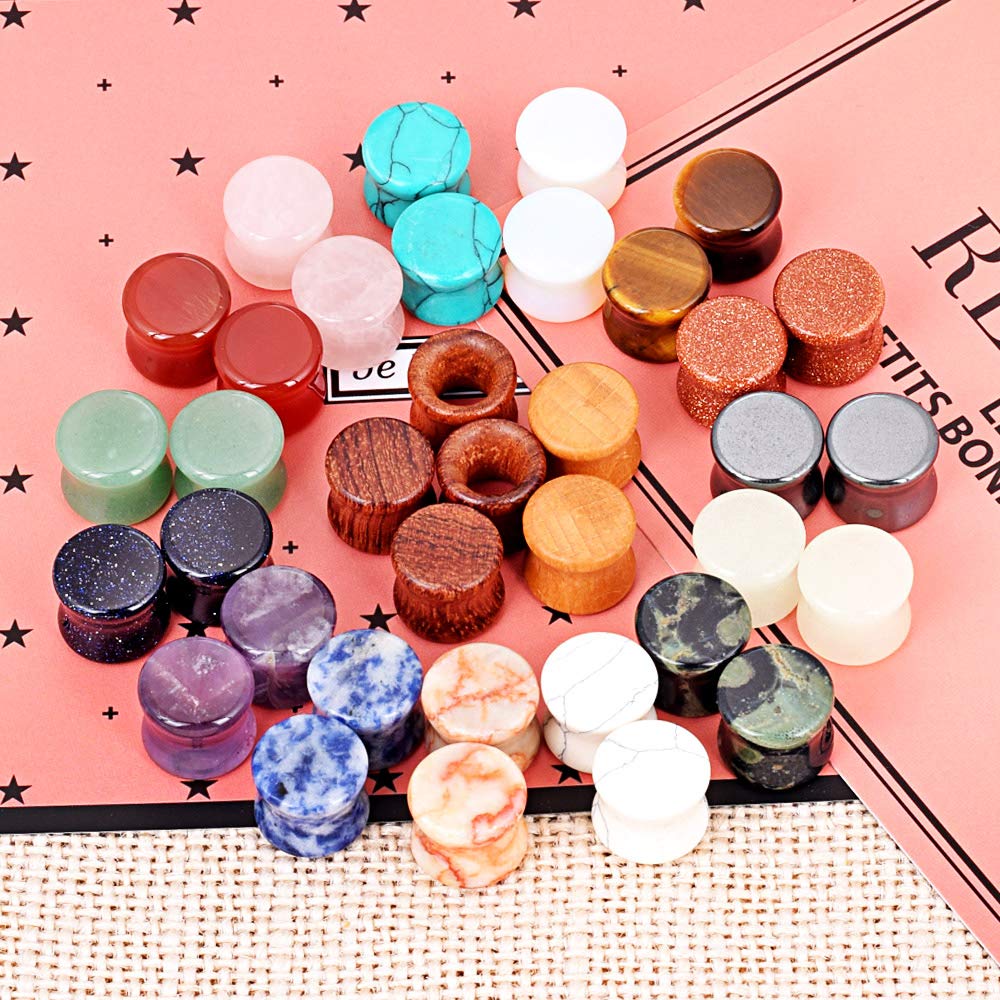 Longbeauty Wood Mixed Stone Plugs 18 Pairs/36 Pcs Double Flared Saddle Gauges Tunnels Expander Piercing Set (Gauge=10mm(00g))