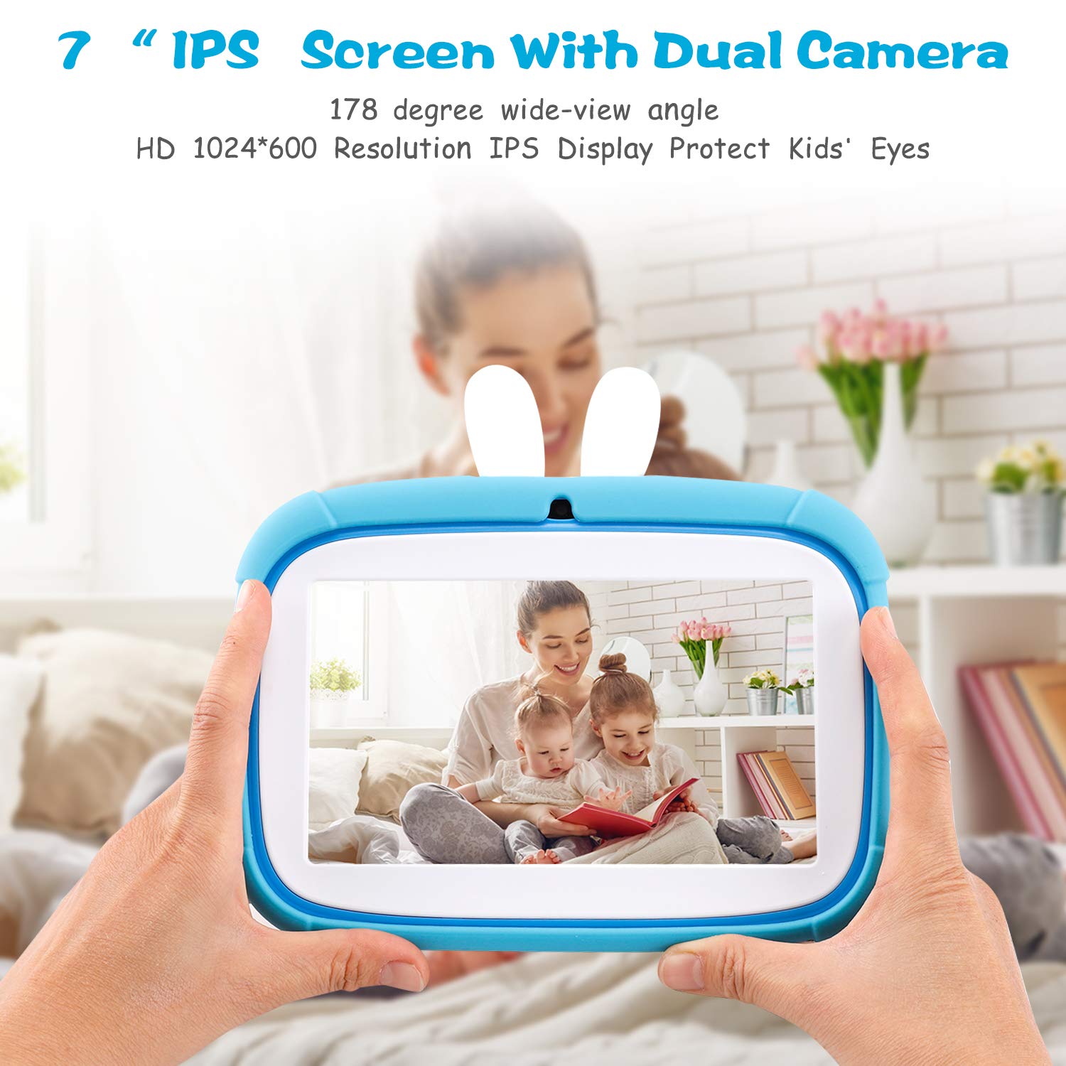 Veidoo Kids Tablet for Toddlers 7 inch Tablet for Kids 32GB, WiFi, GMS, IPS, Games, Android Tablet with Parental Control, Learning Educational Toddler Tablet with Rabbit Case