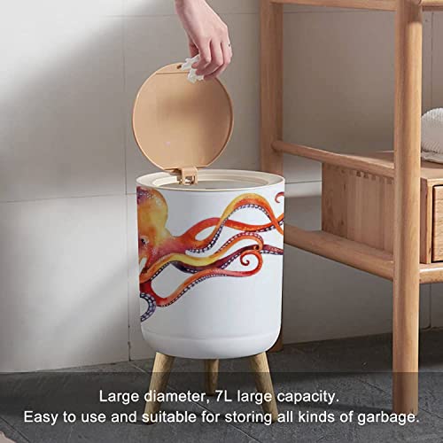 Trash Can with Lid Watercolor Octopus Hand Painted Press Cover Small Garbage Bin Round with Wooden Legs Waste Basket for Bathroom Kitchen Bedroom 7L/1.8 Gallon