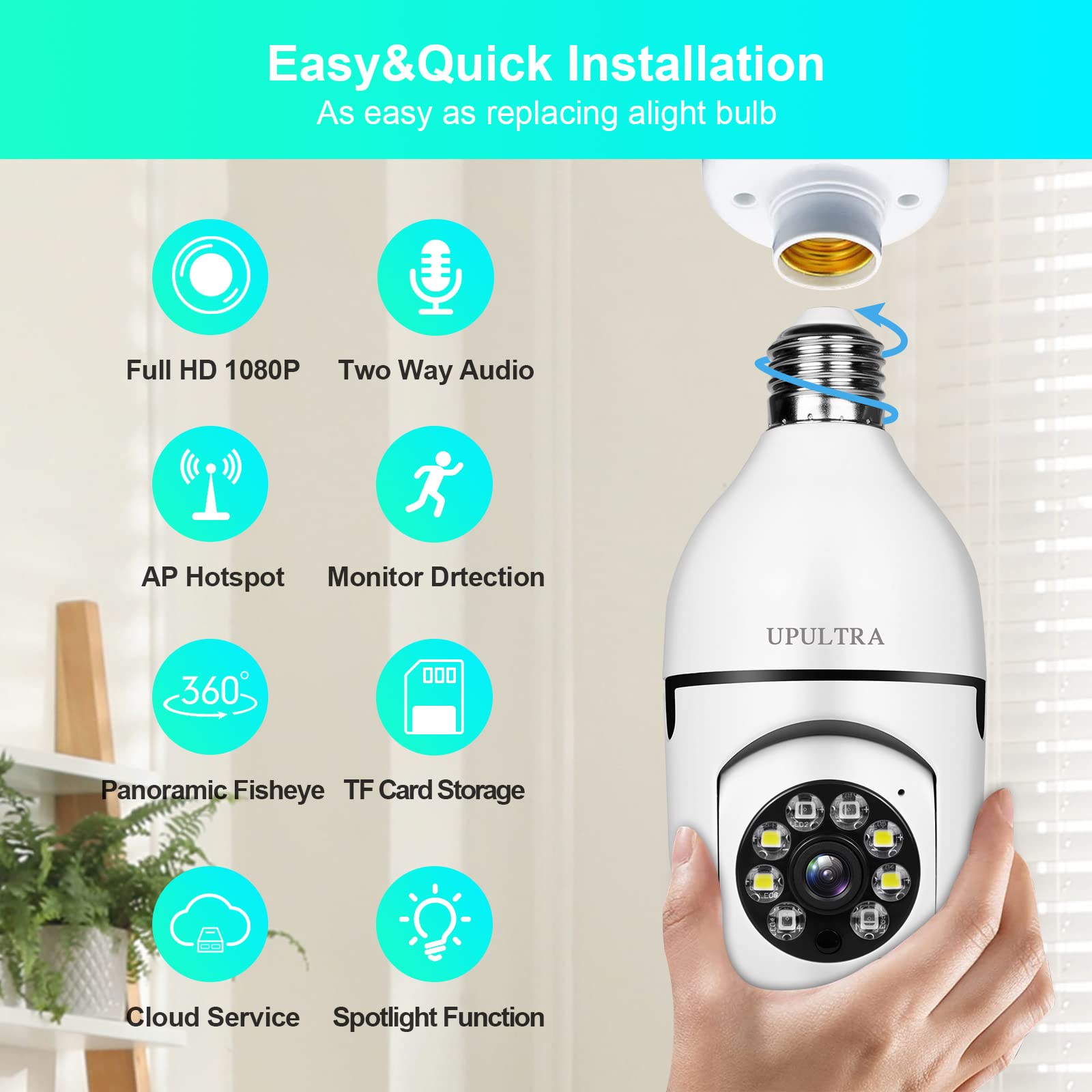Light Bulb 1080P Security Wireless Camera Wifi Smart for home surveillance Screw into the E27 light bulb socket Spotlight Alarm Color night vision Two-way talk Motion Alarm PTZ 360 Degree(2packs)