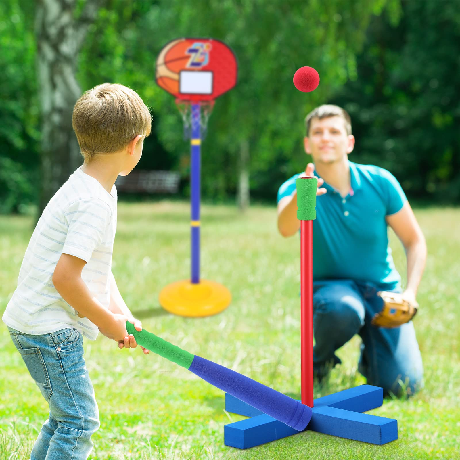 Supervitae Baseball and Basketball Training Set for Kids Include Basket Hoop Foam Baseball Tee Carry Bag Adjustable Height Toddler Kid Back to School Sport Gift(Classic)