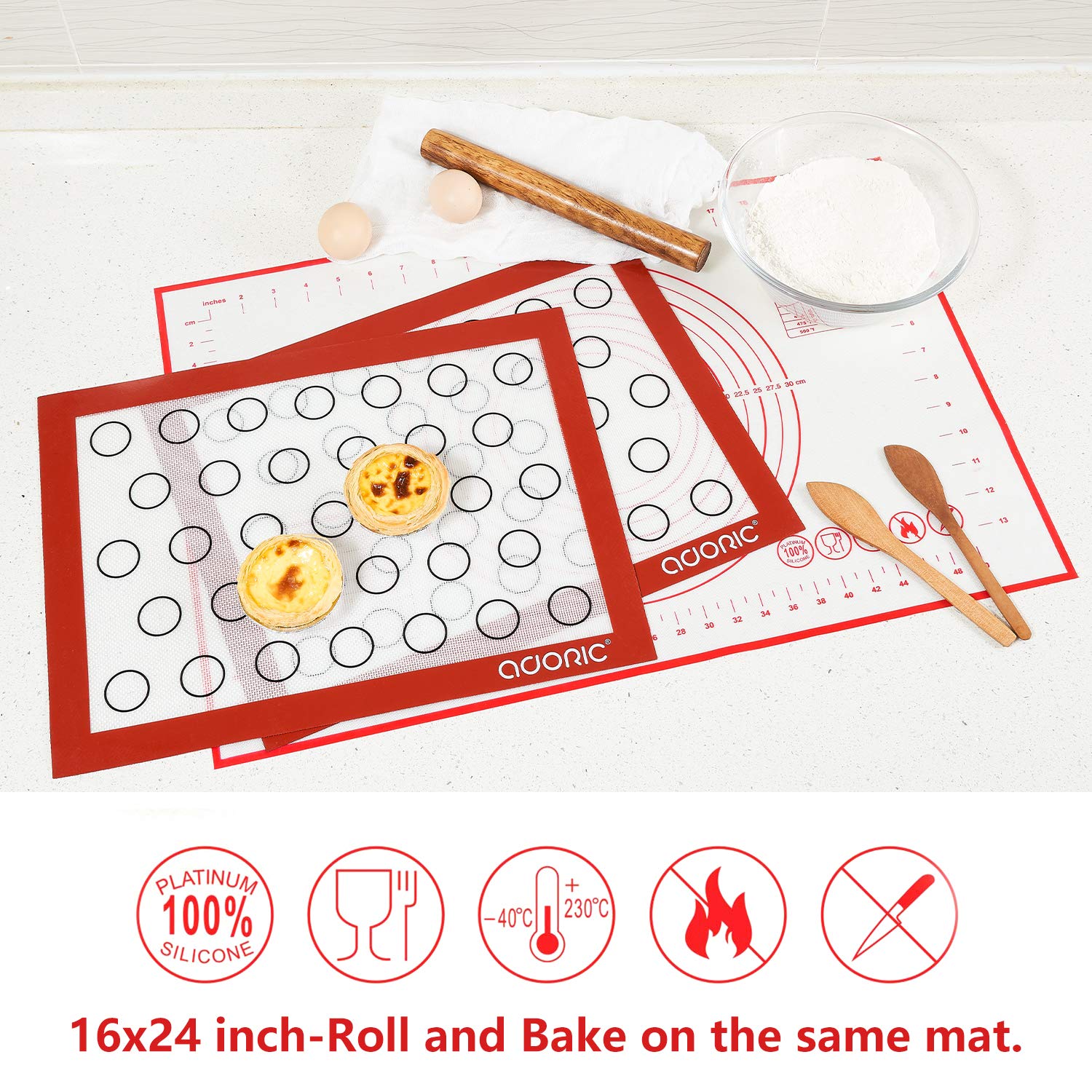 Silicone Pastry Mat 16x24 with Measurements，2 Pack Non-Stick Baking Mat Non-slip Dough Rolling Mat, Reusable Silicone Counter Mat for Making Cookies,Macarons,Bread and Pastry