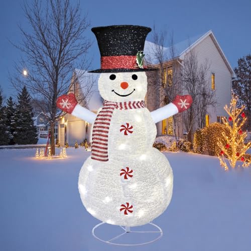 Lighted Christmas Snowman Decorations, 4FT Outdoor Collapsible White Snowman with Built-in LED Lights, Pre-Lit Pop Up Xmas Snowman, Light Up for Holiday New Year Winter Decor (lint)