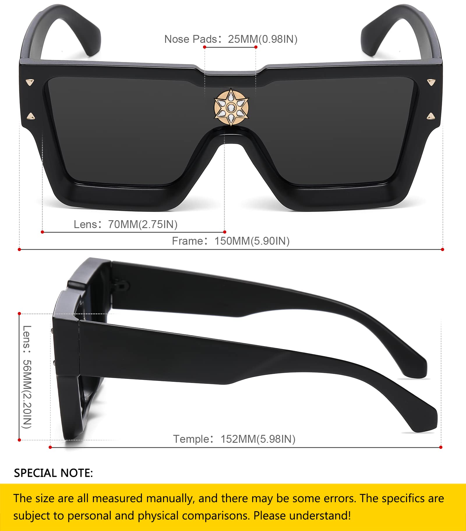 LIXX Trendy Square Diamond Sunglasses Women Men Retro Chunky Rectangle Flat Top Black Shades Glasses