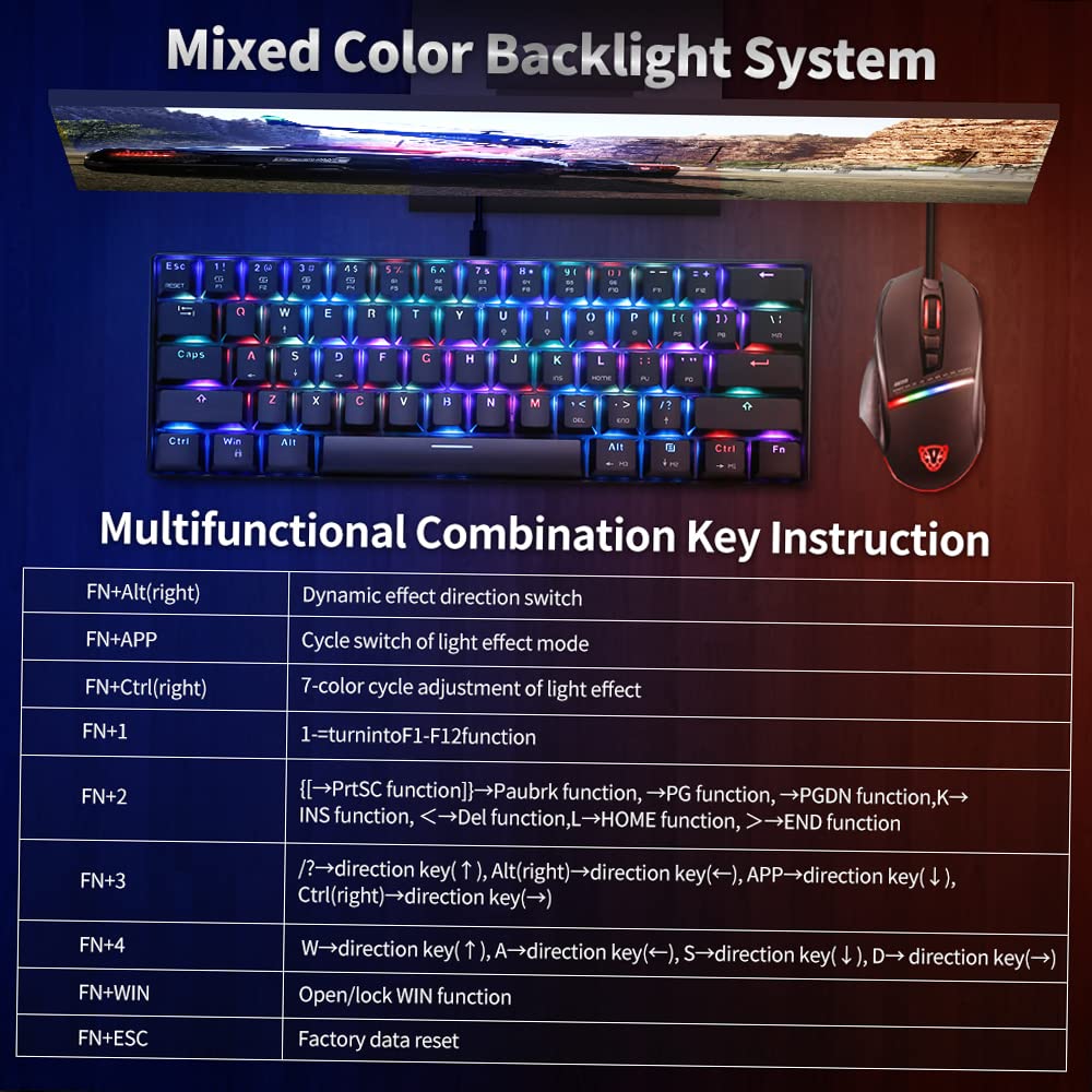 MOTOSPEED CK61 RGB Mechanical Gaming Keyboard OUTMU Blue Switches Keyboard 61 Keys Anti-ghosting with Backlight for Gaming Black