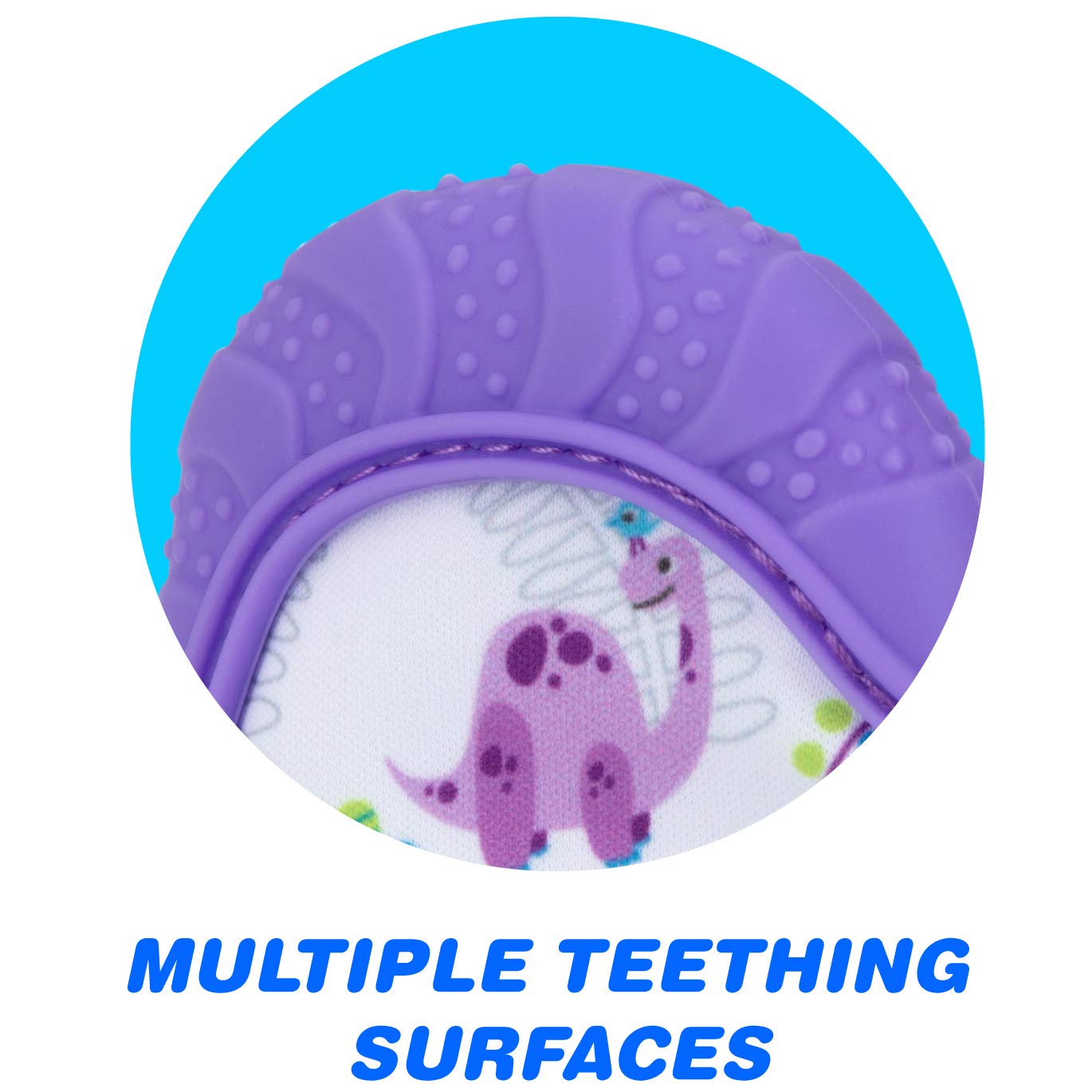 Nuby Soothing Teething Mitten with Hygienic Travel Bag, Dinosaurs, Purple