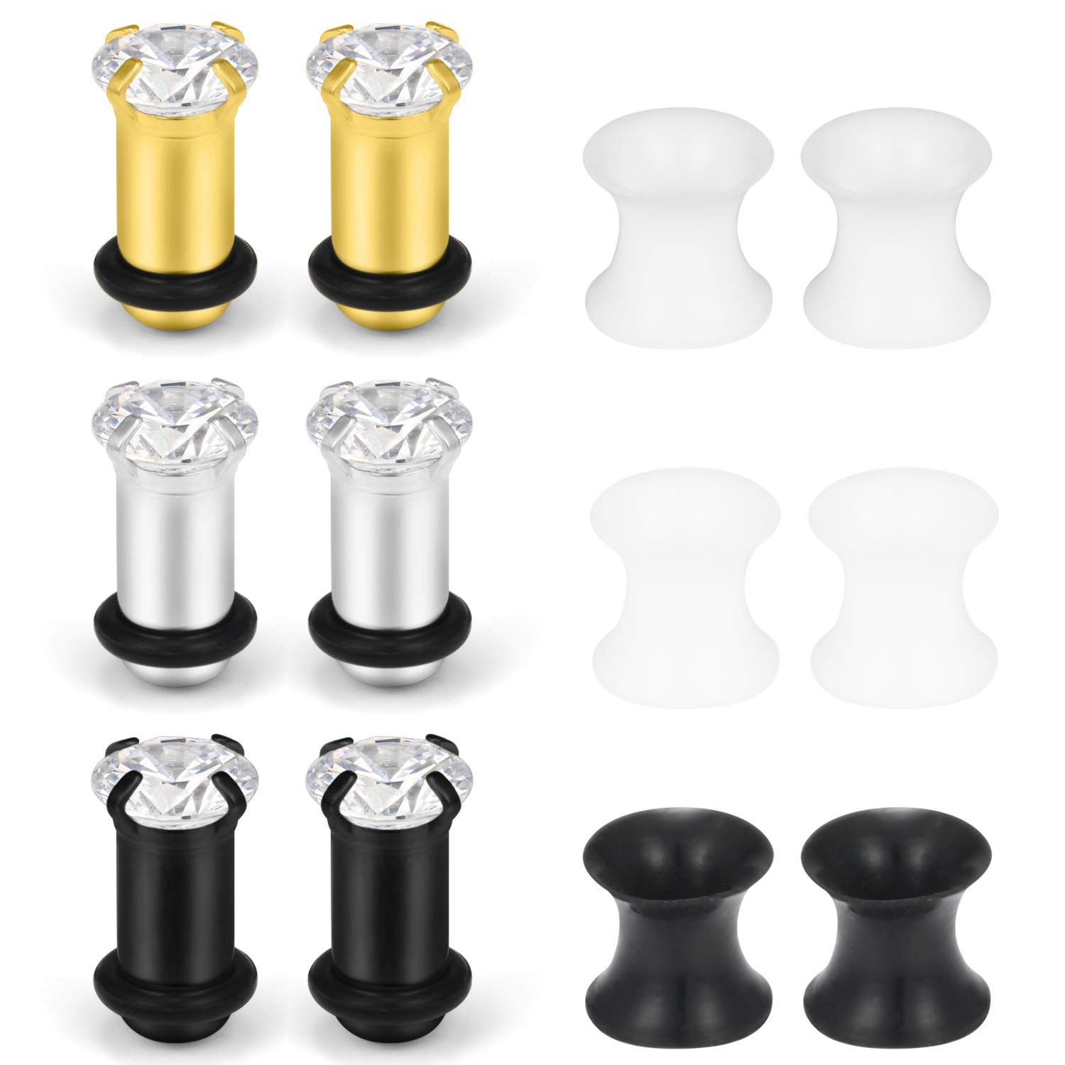 Lcolyoli 6 Pairs Clear Diamond CZ Prong Set Ear Gauges Stainless Steel & Silicone Flexible Tunnel Expander Stretching Gauge Plug Kit 4G Silver Gold Black Clear