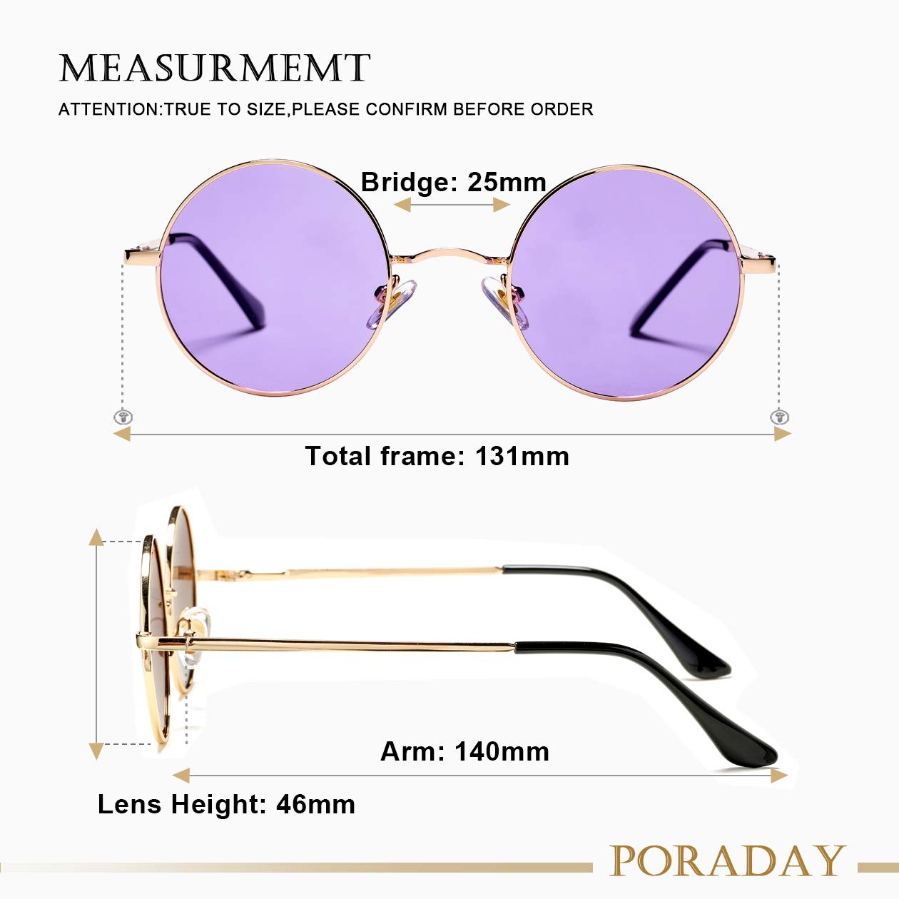 PORADAY Circle Lennon Glasses Retro Round Polarized Sunglasses Hippie Style Small Circle Sun Glasses (Gold/Clear Purple)