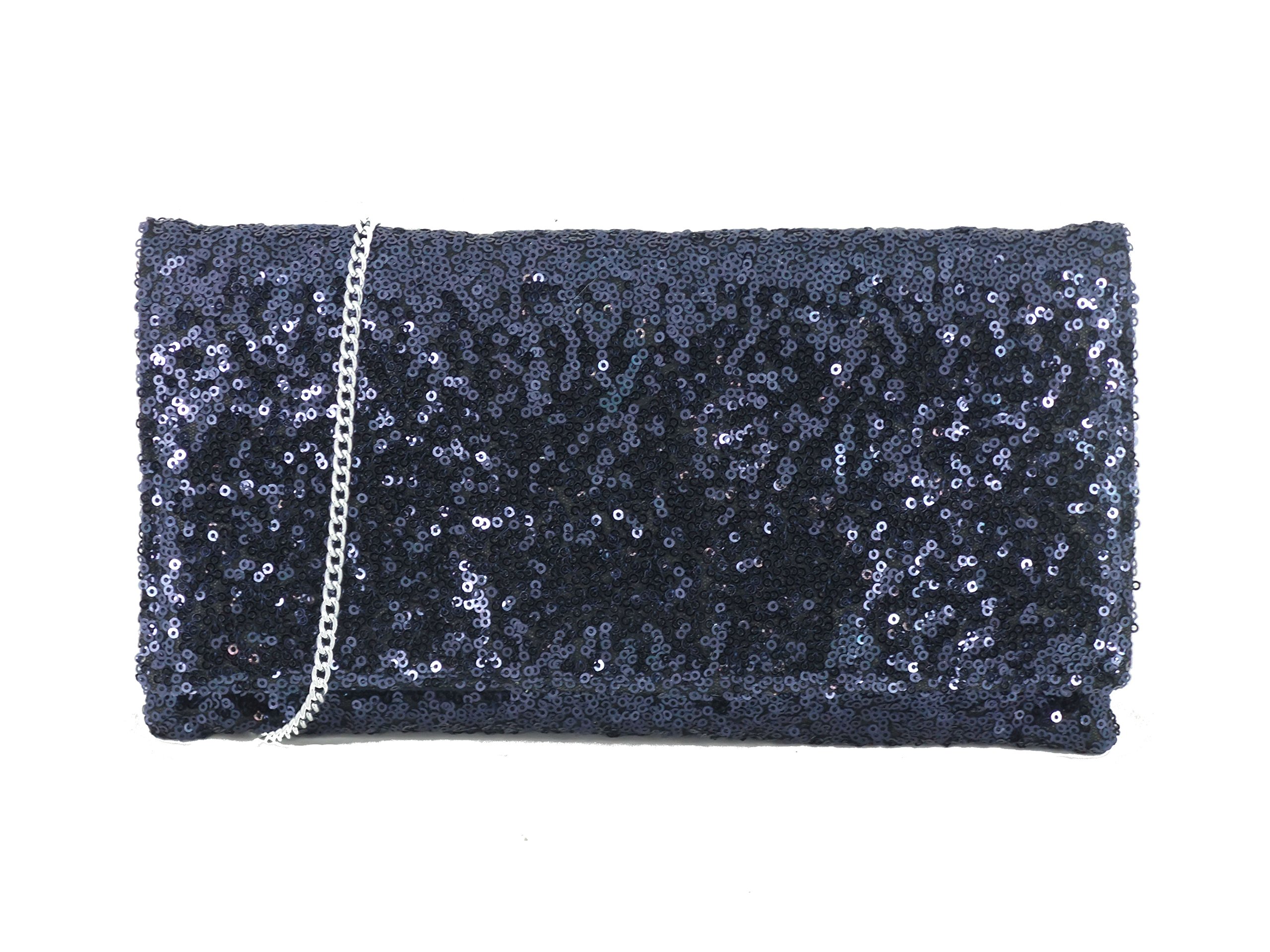 LONI Womens Sparkly Sequin Party Evening Clutch Shoulder Bag in Navy