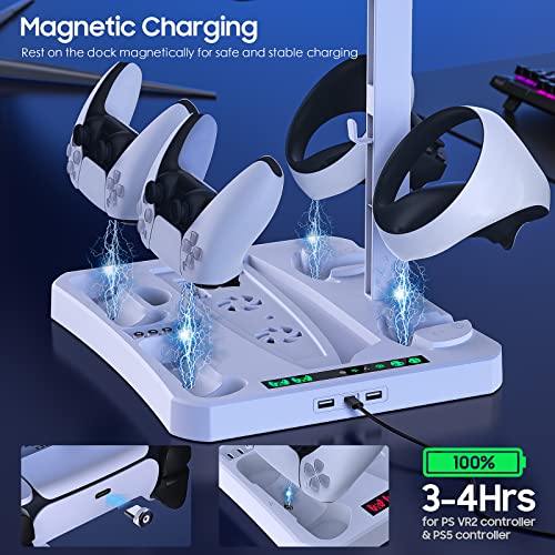 TiMOVO Charging Station for PlayStation VR2, Dual Charging Dock for PS5 & PS VR2, Charger Stand Gamepad Showcase Host Cooling Fan Bracket Stable Desk Accessories PS5 Detachable Charging Rack, White