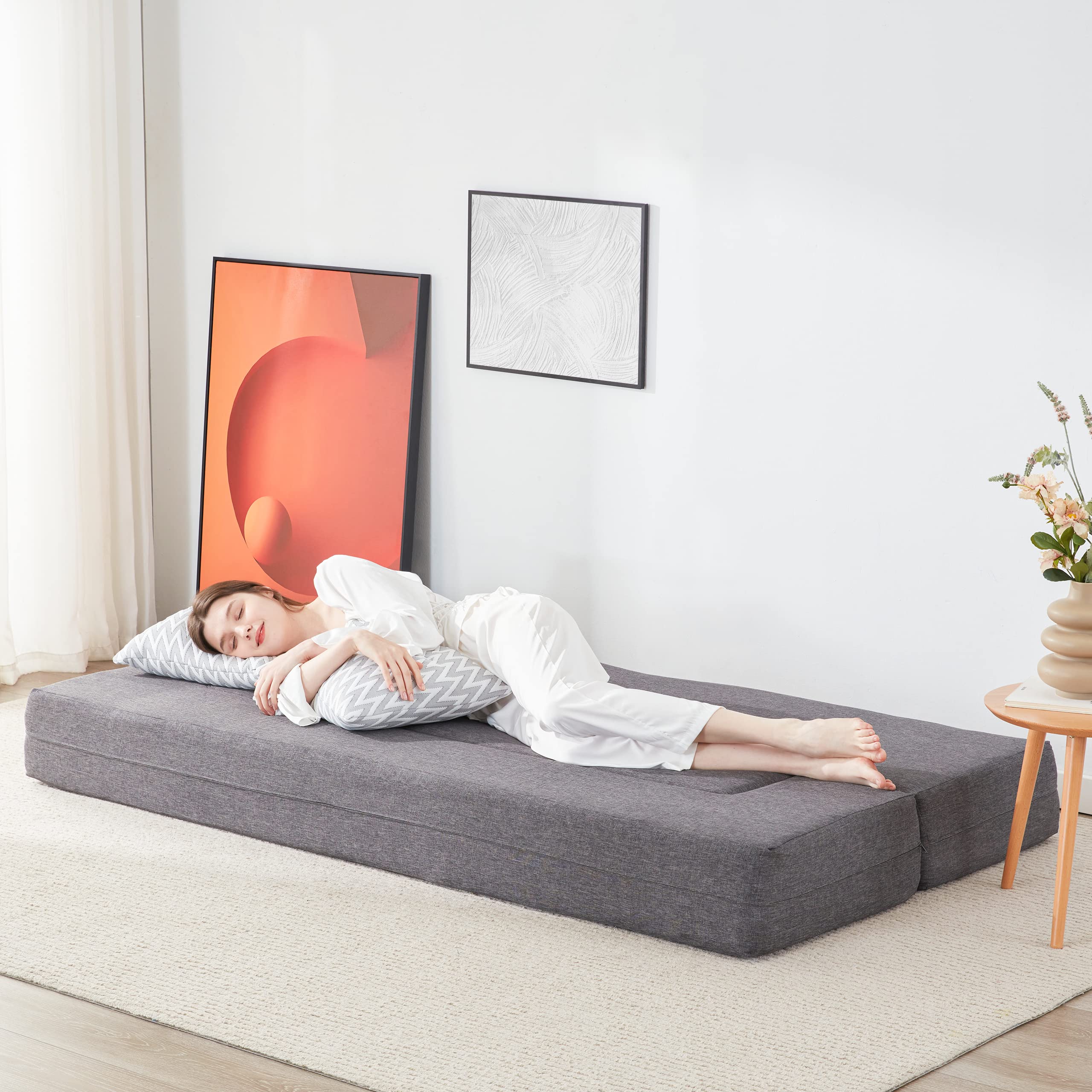Lazyzizi Floor Sofa Bed, Fold Out Couch Bed with 2 Pillows & Washable Cover Convertible Sleeper Folding Sofa Bed Mattress for Living Room, Guest Bed, Playroom 10inches Twin
