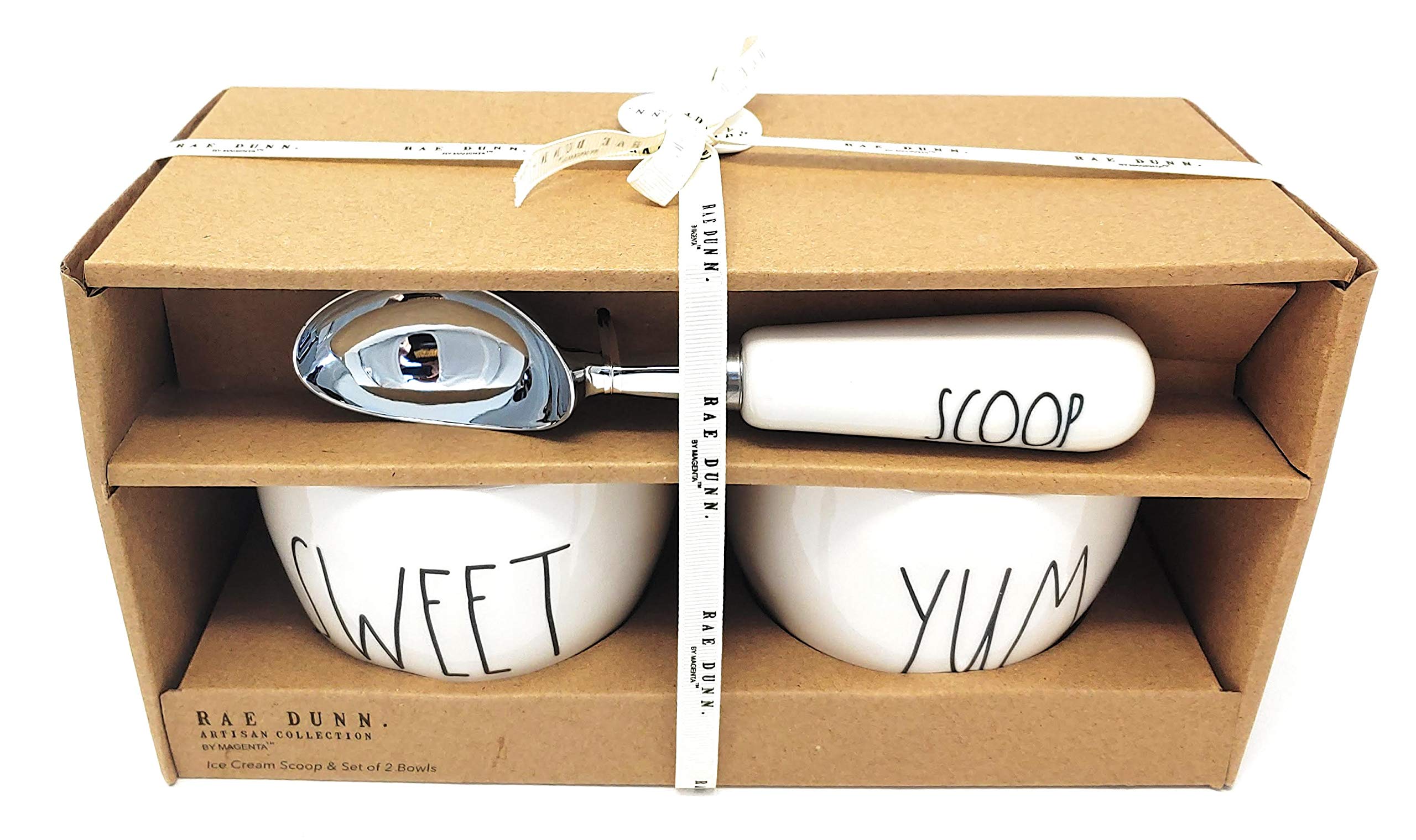 Rae Dunn by Magenta, Unique with Perfect Imperfections. Ice Cream Bowl and Scoop Set. SWEET, YUM, SCOOP, Ceramic, Beige, Black LL. Each Bowl is 4in x 3.5in
