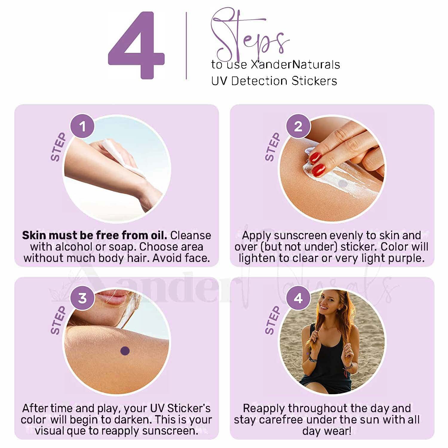 XanderNaturals UV Stickers for Sunscreen - Sunscreen Reminder Stickers- Sunburn Alert Patches - Works w/Spray Sunscreen & Sunscreen Applicator For Kids - 16 ct
