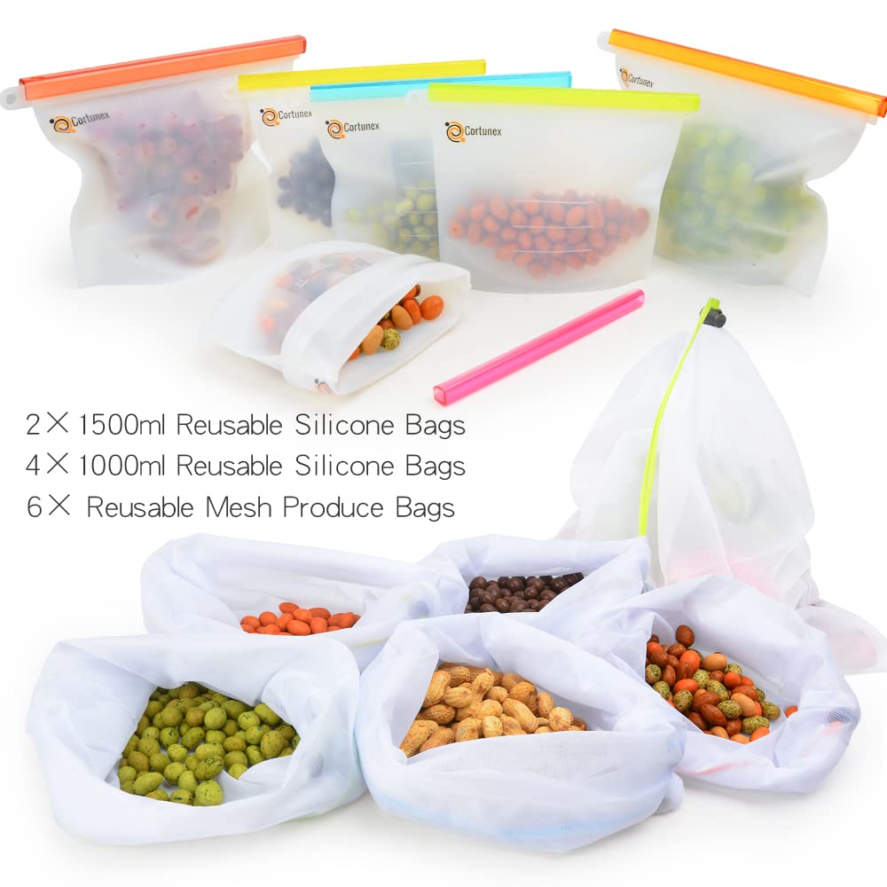 Reusable Silicone Food Storage Bags | 100% Food Grade Silicone Bags | LEAKPROOF, AIRTIGHT | Keep Fruit, Snacks, Veggie, Sandwich FRESH | Set Of 6 Bundle With 6 Reusable Mesh Produce Bags