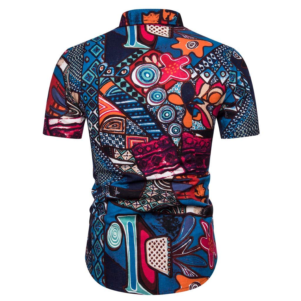 Men's Hawaiian Cotton Linen Printed Short Sleeve Henley Shirts Bohemian Tops