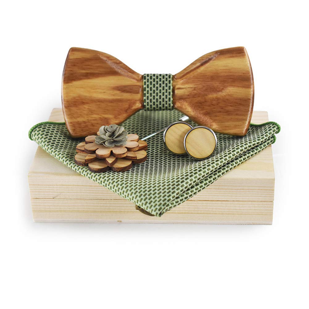 Men's Classic Wood Bow Tie Matching Handkerchief Cufflinks Flower Lapel Pin Set, Green, 12 * 5.5cm