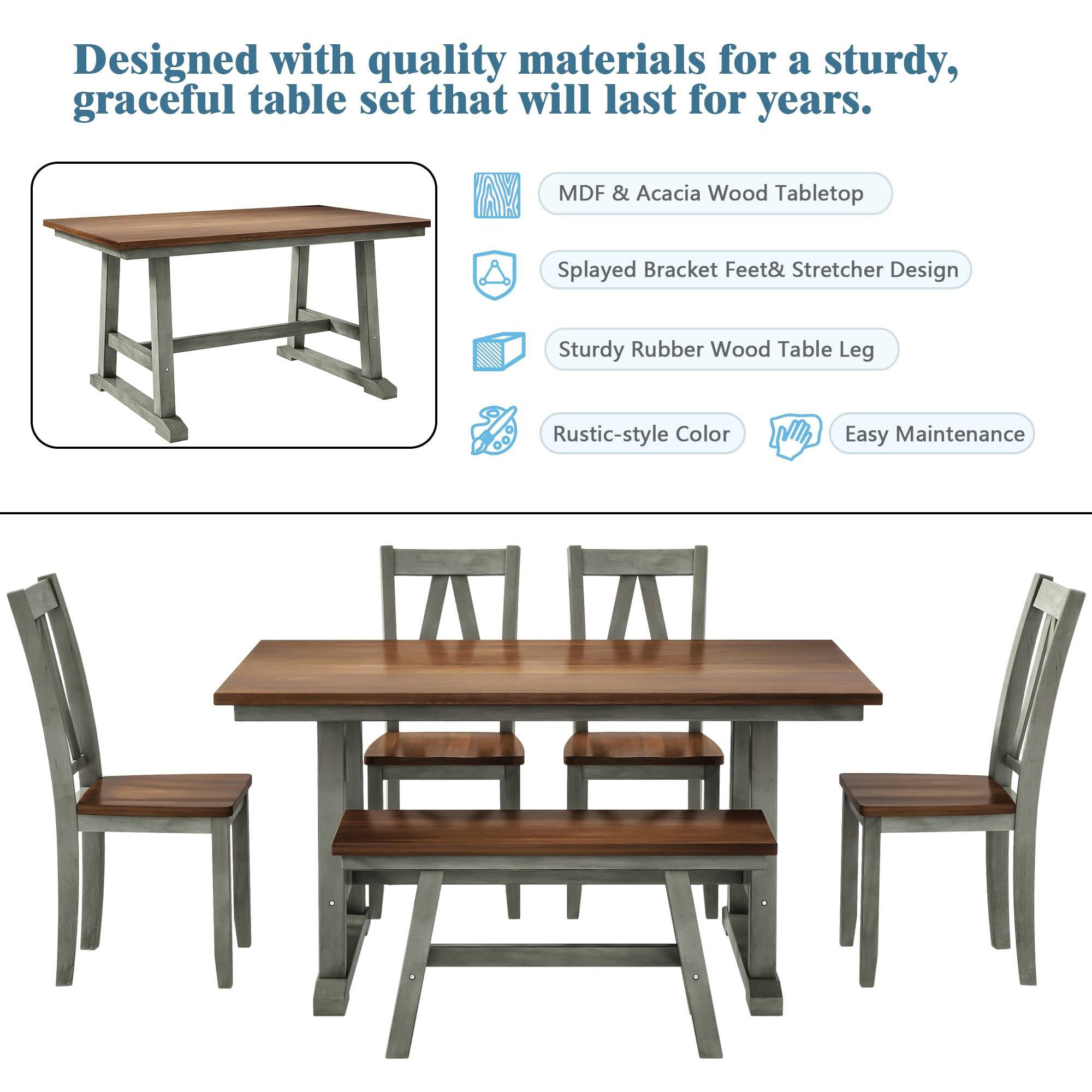 LIADTOP Wood Dining Table Farmhouse Style, 6-Piece Kitchen Set with Long Bench and 4 Chairs,Designed for A Large Family,Walnut+Gray