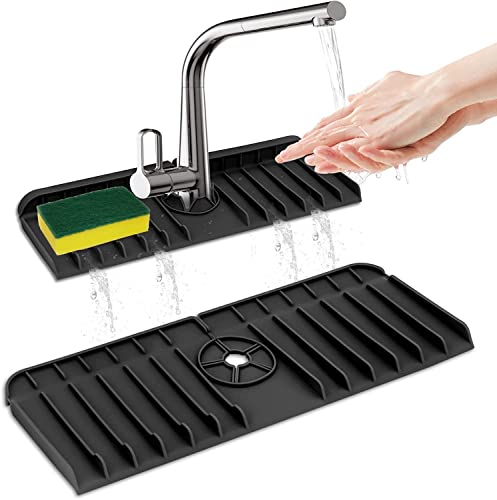 Silicone Sink Faucet Splash Catcher (14.5x5.5in., Black) | Kitchen or Bathroom mat Tray | Drip Catcher | Quick Drying Countertop Protectors | Small and Large Splatter Mats | Easy Water Drainage