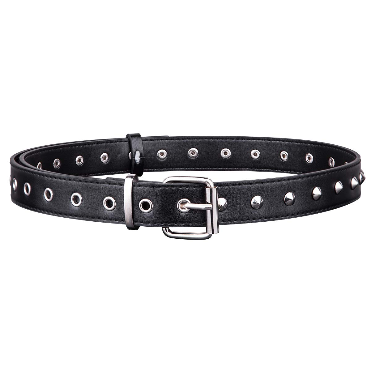 moonsix Leather Grommet Belt for Women, Punk Rock Studs Jeans Belts with Metal Buckle