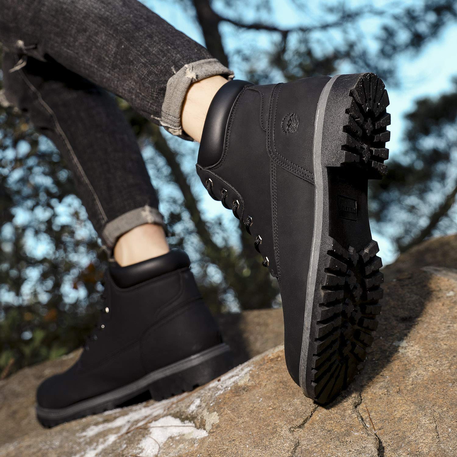 Men's Hiking Boots Outdoor Winter Warm Sneakers Casual Boots and Rubber Sole Black