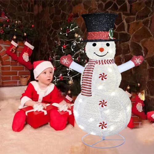 Lighted Christmas Snowman Decorations, 4FT Outdoor Collapsible White Snowman with Built-in LED Lights, Pre-Lit Pop Up Xmas Snowman, Light Up for Holiday New Year Winter Decor (lint)