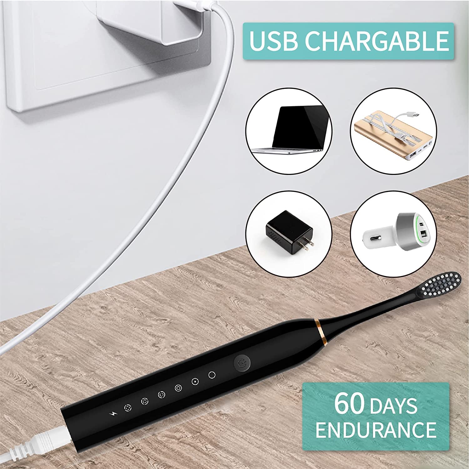 Yevheniys Sonic Electric Toothbrushes USB Rechargeable Ultrasonic Tooth Brush with 4 Brush Heads 6 Cleaning Modes and Smart Timer IPX7 Waterproof Cleaning Toothbrushes for Adults and Kids (Black)