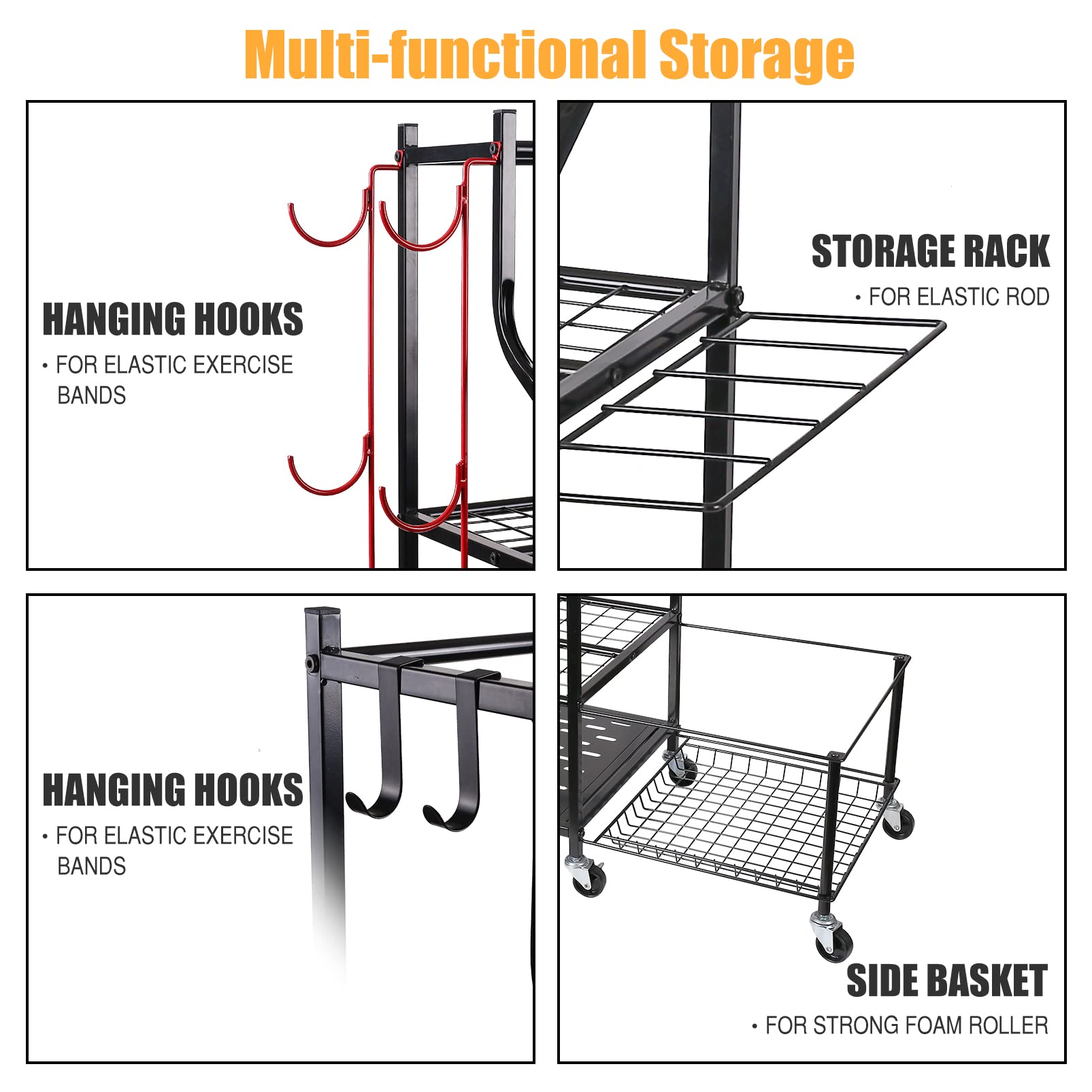 Shmilyashly Yoga Mat Storage Rack, Home Gym Storage Rack for Yoga Mat, Gym Equipment Storage Rack for Dumbbells Kettlebells Foam Roller, Exercise Shelf with Hooks and Wheels
