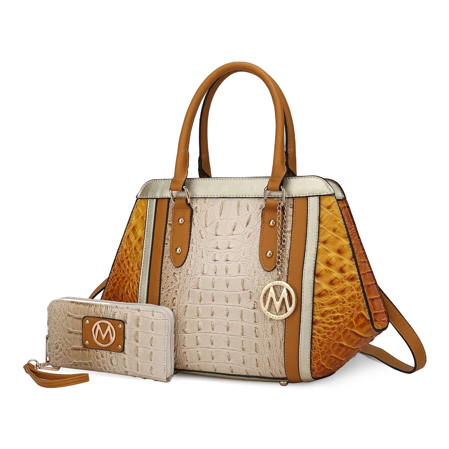 MKF satchel bags for women, Featuring a faux crocodile-embossed finish crossover handbag, shoulder side messenger bag Beige