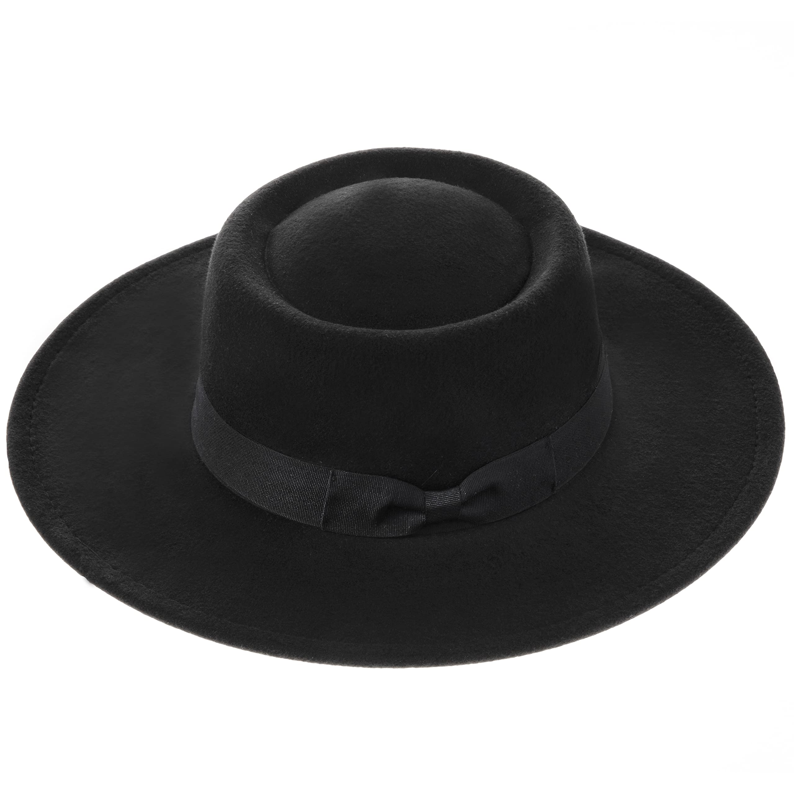 PORSYOND Wide Brim Felt Fedora Hat Men Women Panama Jazz Hat Trilby Hat with Bowknot Band (Black)
