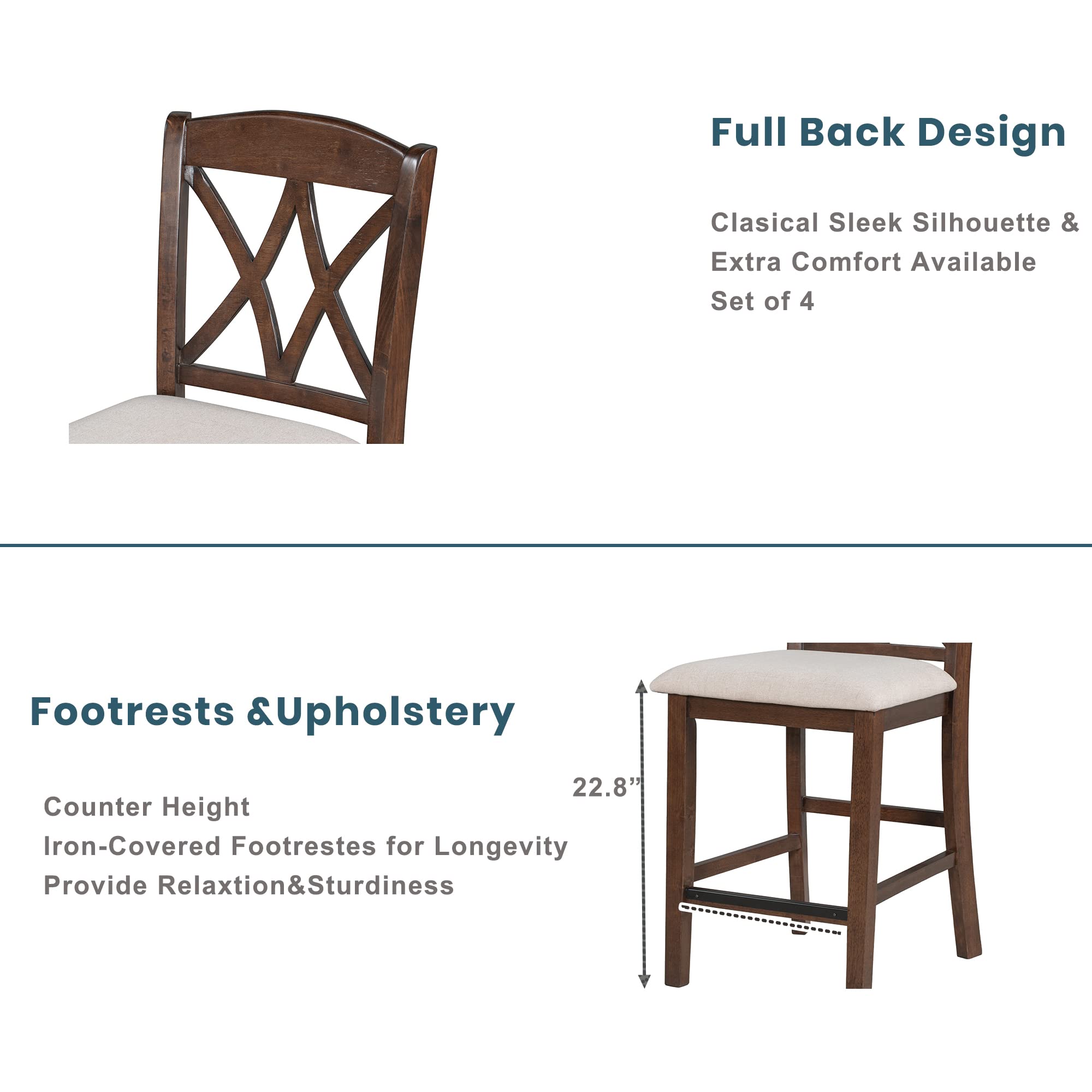 LCH Dining Table Set for 4, Casual Counter Height Wood 5-Piece Upholstered Chairs and 1 Storage Drawer, Walnut+Beige