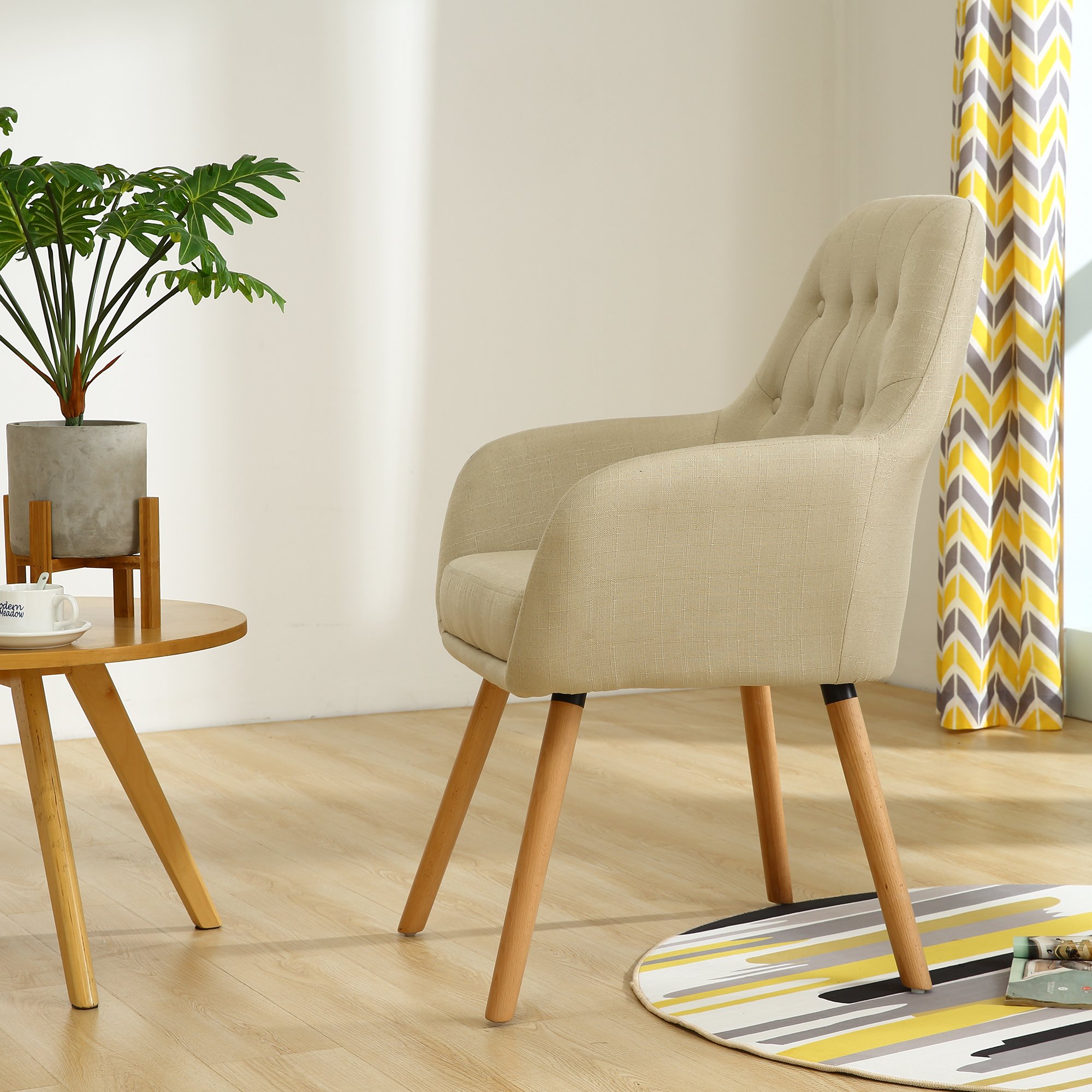 LSSBOUGHT Contemporary Stylish Button-Tufted Upholstered Accent Chair with Solid Wood Legs (Beige)