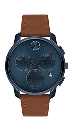 Movado Bold Thin Men's Swiss Qtz Chrono Stainless Steel and Leather Strap Casual Watch, Color: Cognac (Model: 3600630)