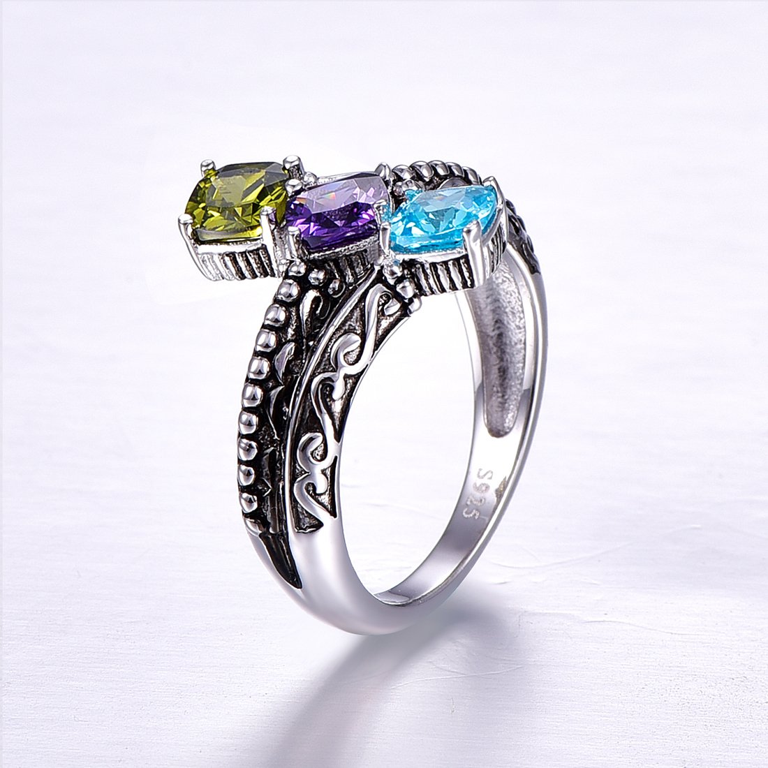 Merthus 12x12mm Princess Cut Simulated Amethyst Black Oxidized Finished 925 Sterling Silver Bohemian Ring for Women Size 9