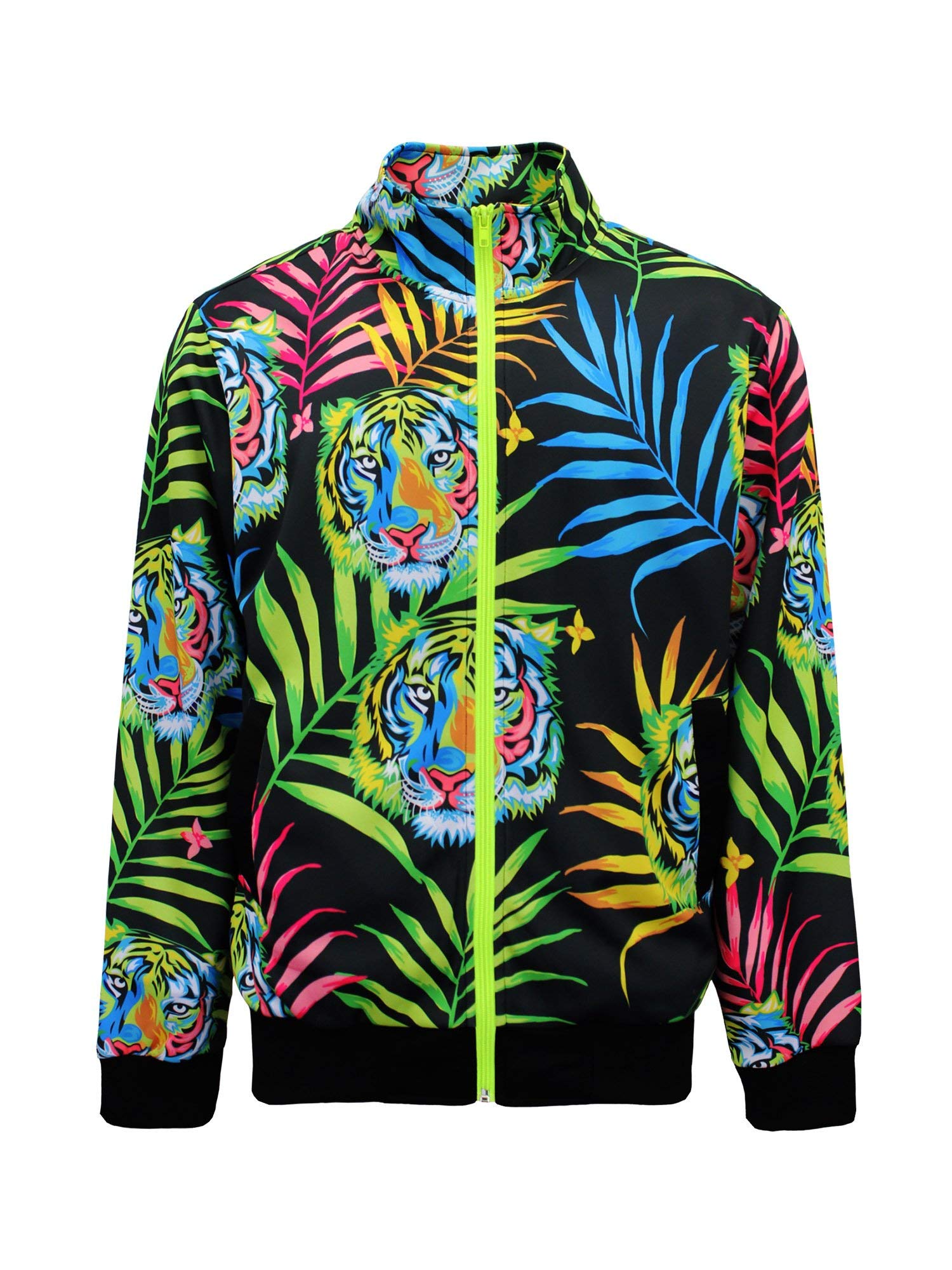 Men's Neon Jungle Tiger Track Suits 2 Piece Sweatsuit Set ST802 - Black - Large - V-C31