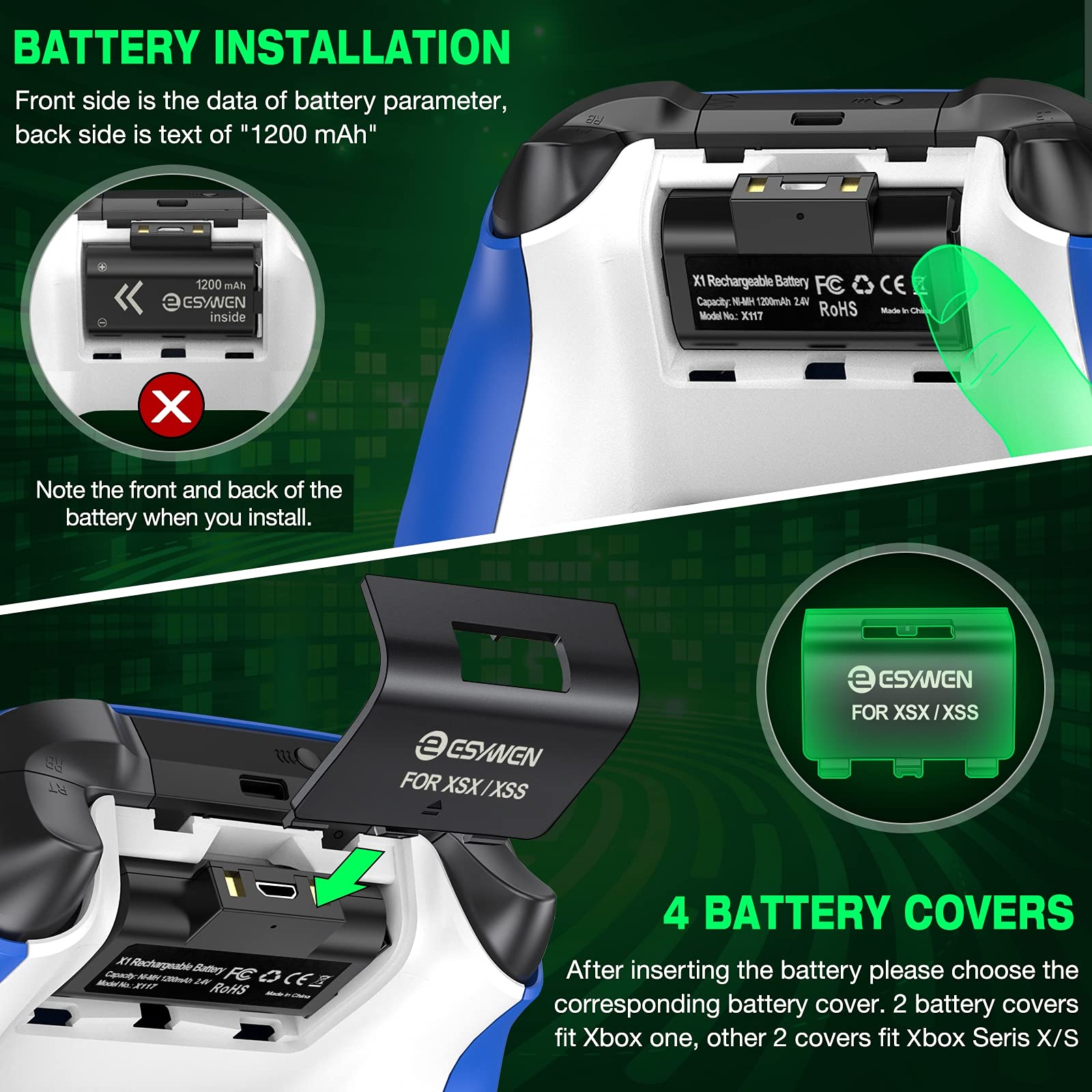 Rechargeable Battery Packs for Xbox One/Xbox Series X|S, Play & Charge Kit for Xbox Controller Battery Pack & 4 Battery Covers, 2 x 1200 mAh Battery Packs with USB Cable for Xbox Battery Pack
