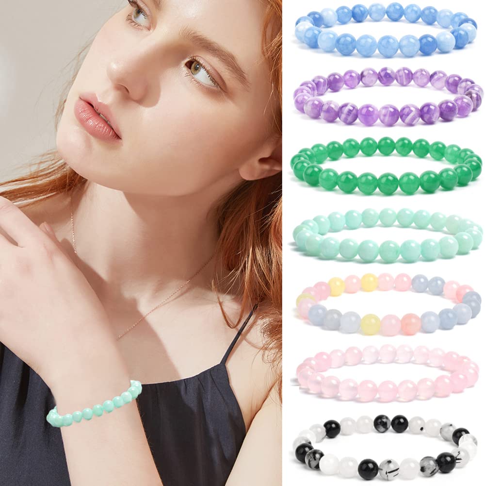 SAMOCO 12Pcs 4mm 6mm 8mm Gem Semi Precious Reiki Healing Crystals Handmade Round Beads Stretch Bracelet(8mm)