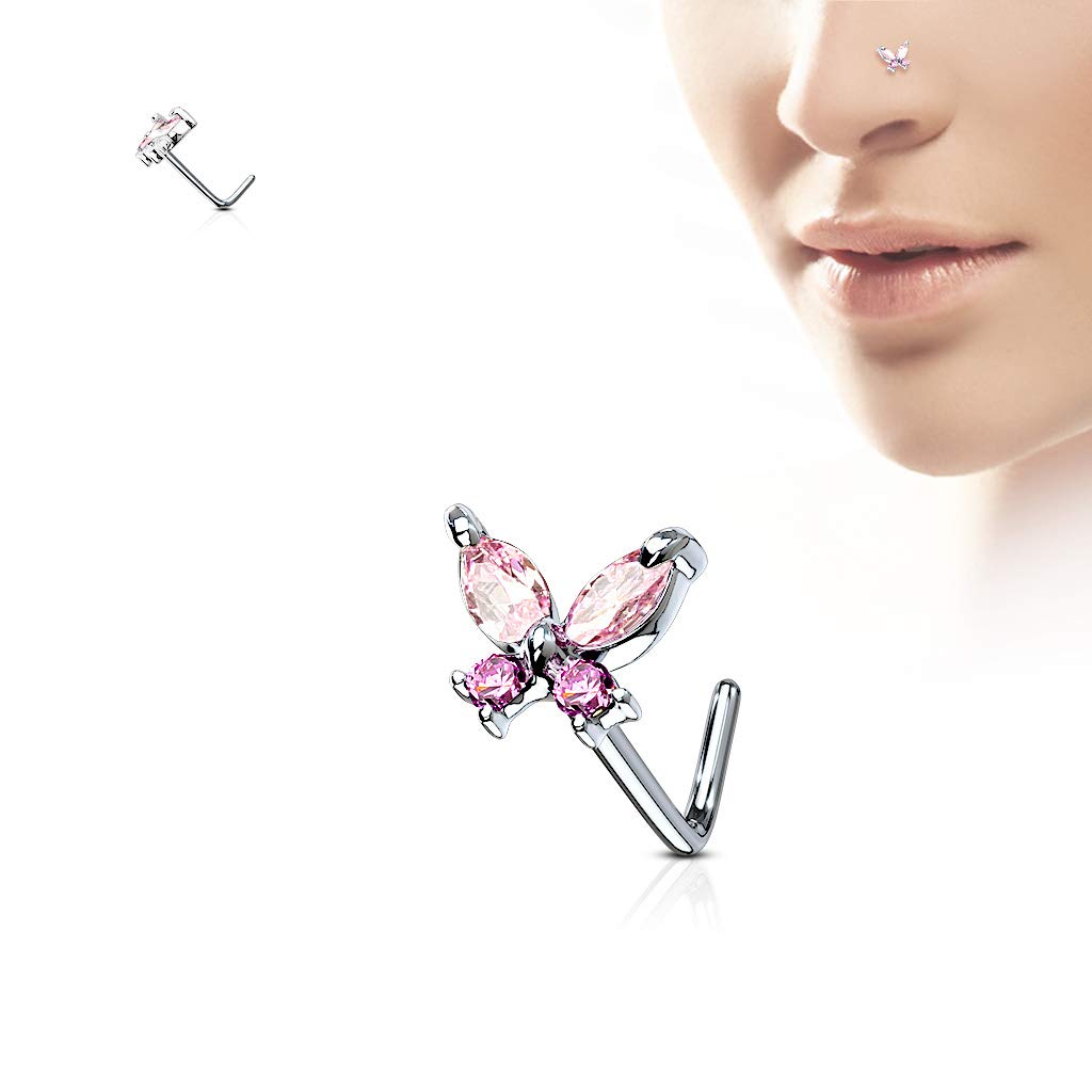 MoBody 20G Nose Ring Stud L-Shaped Cubic Zirconia Butterfly Surgical Steel Body Piercing Jewelry (Pink)