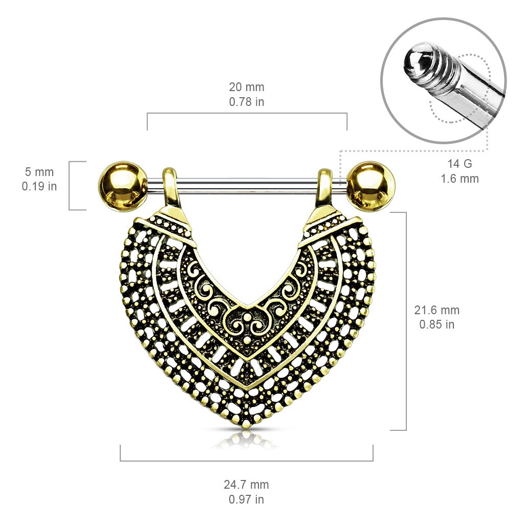 MoBody One Pair Surgical Steel Vintage Heart Dangle Nipple Ring Shield Body Piercing Jewelry 14G (1.6mm) (Gold-Tone)
