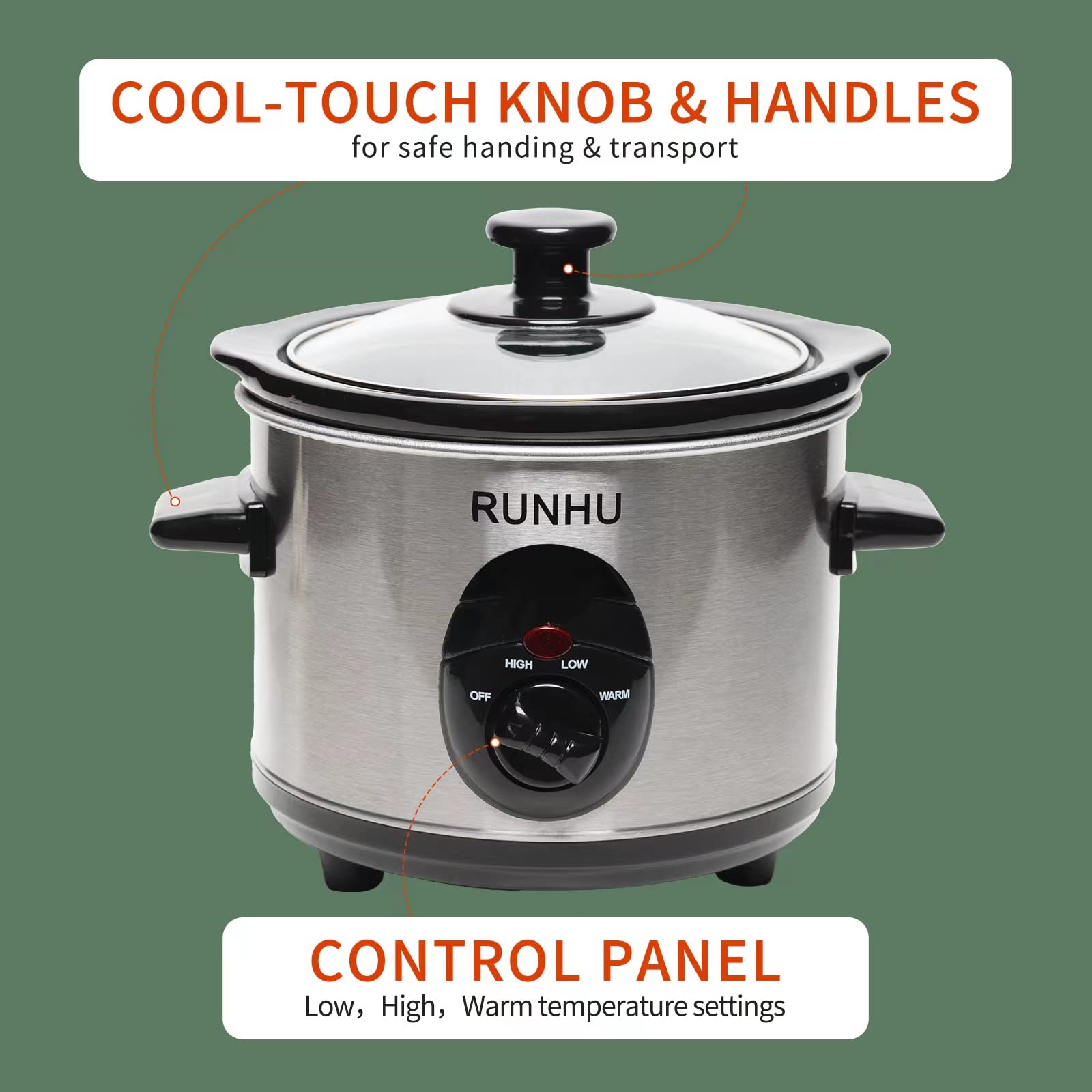 RUNHU Slow Cooker, 1.5-Quart Ceramic Pot with Auto Warm and Adjustable Temp, Entrees, Sauces, Stews & Dips, Dishwasher Safe, Nutrient Loss Reduction, Round, Stainless Steel