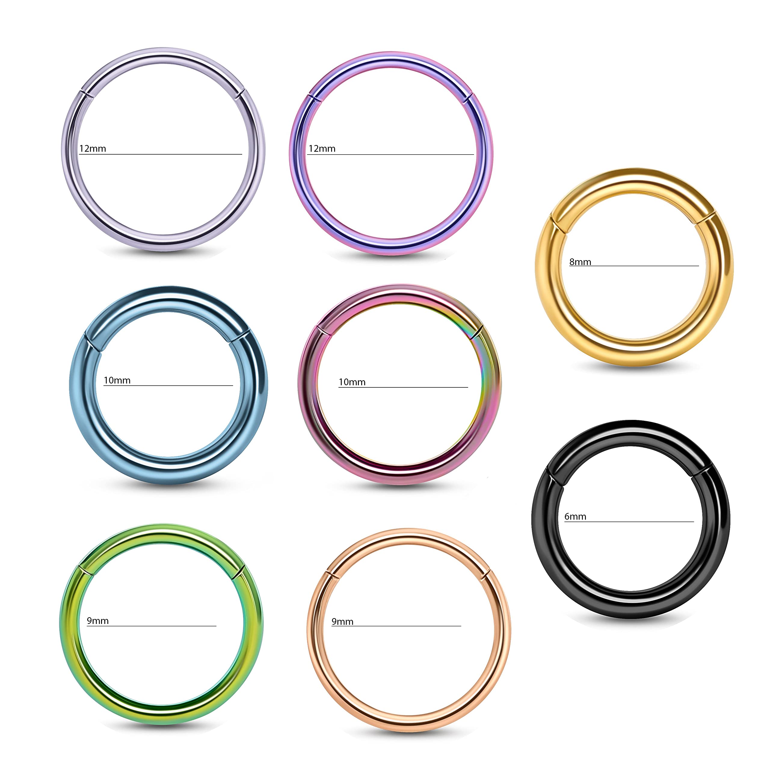 MoBody Seamless Hinged Nose Ring Septum Clicker Hoop | Hypoallergenic Surgical Steel Jewelry Piercing (Black, 12mm - 10G)