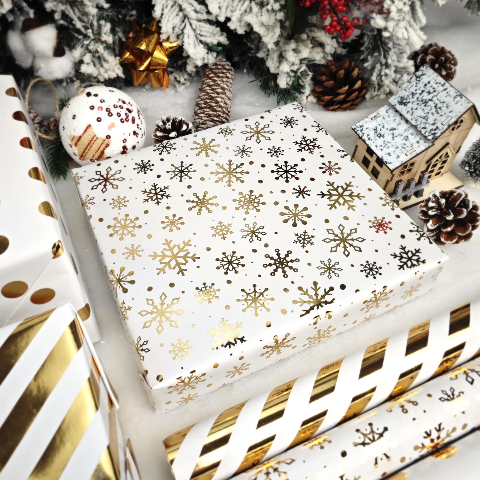LDGOOAEL Mini Short Small Christmas Wrapping Paper Roll (17" X 120") - Gold Foil Snowflakes Stripe Polka Dot Design for Holiday, Birthday